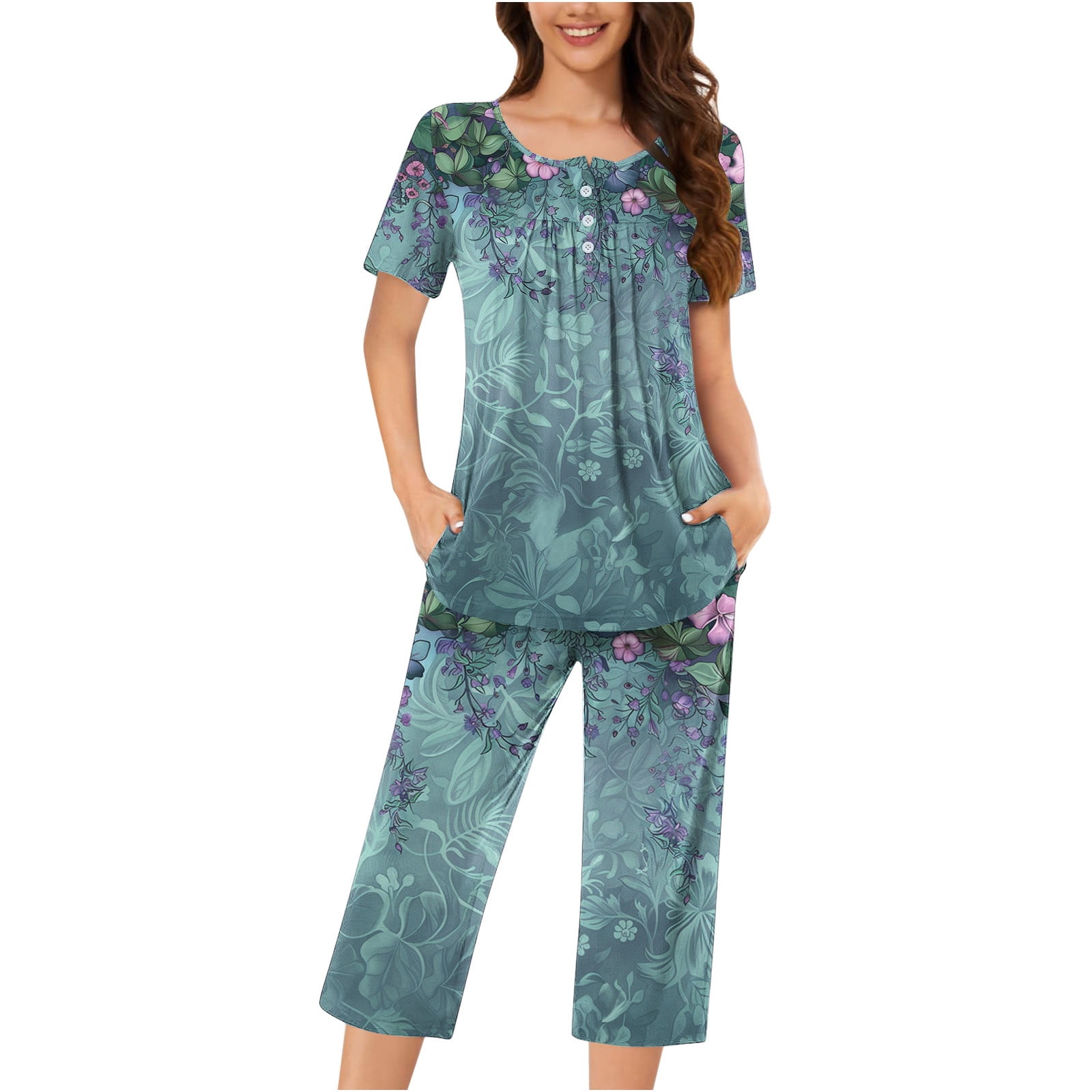 hxobax Womens Floral Pajama Sets 2 Piece Pjs Short Sleeve Pleated Tops and Capri Pants Set ...