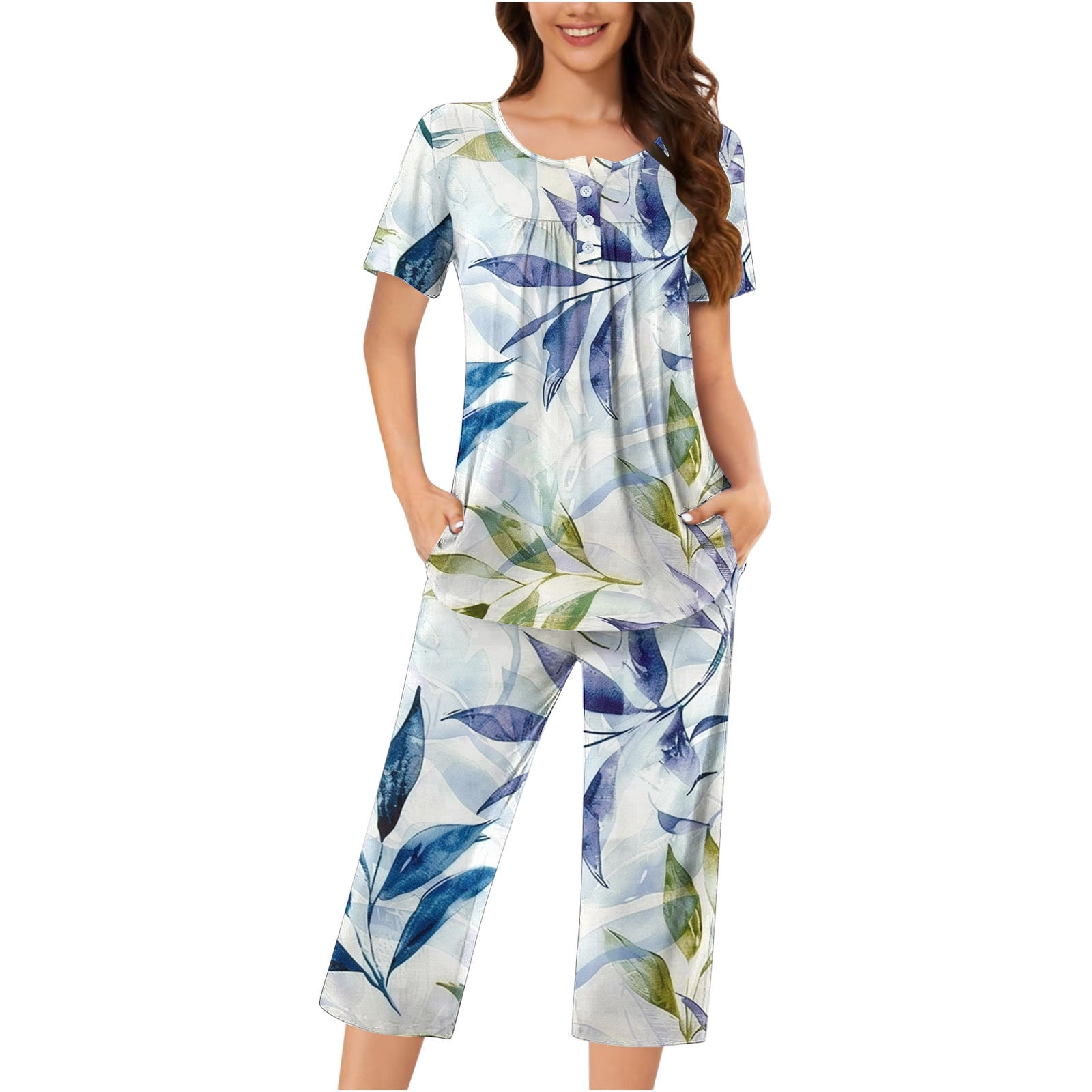 hxobax Womens Pajama Sets 2 Piece Lounge Wear Floral Printed Pleated Crewneck Short Sleeve Shirt ...