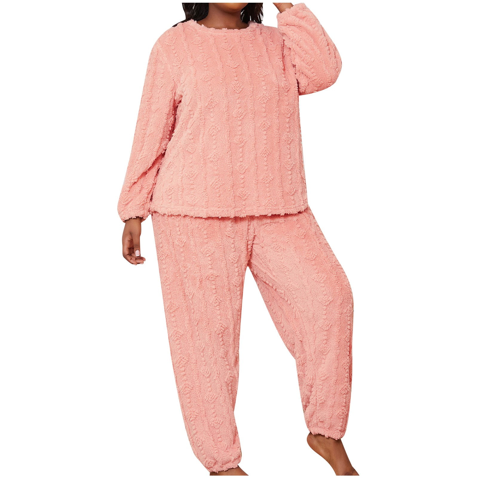 hxobax Womens Plus Size Pajamas Sets 2 Piece Loungewear Texture Fleece ...