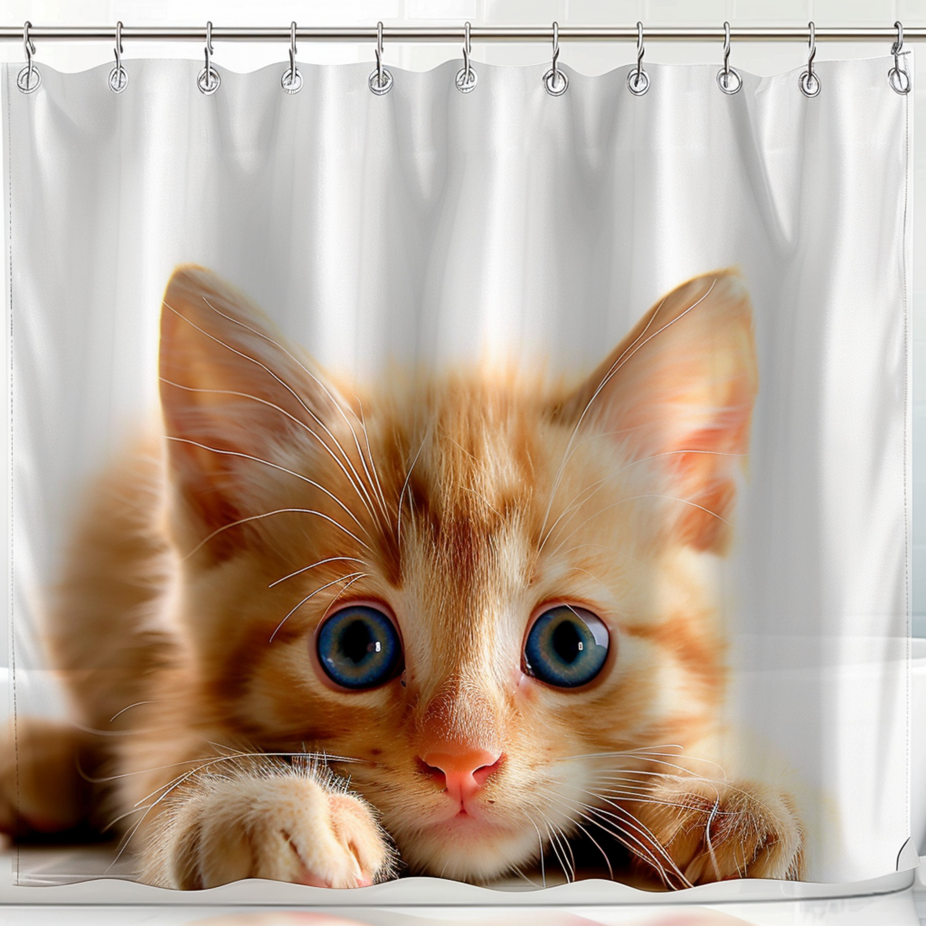 hyper realistic shower curtain featuring a cute ginger cat face in a ...