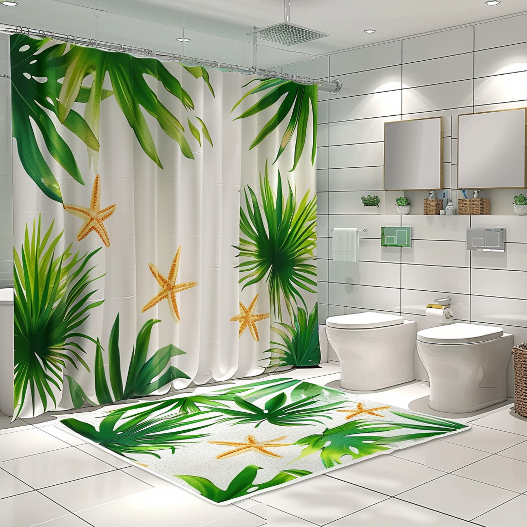 hyperrealistic tropical bathroom with white tile walls palm leaf ...