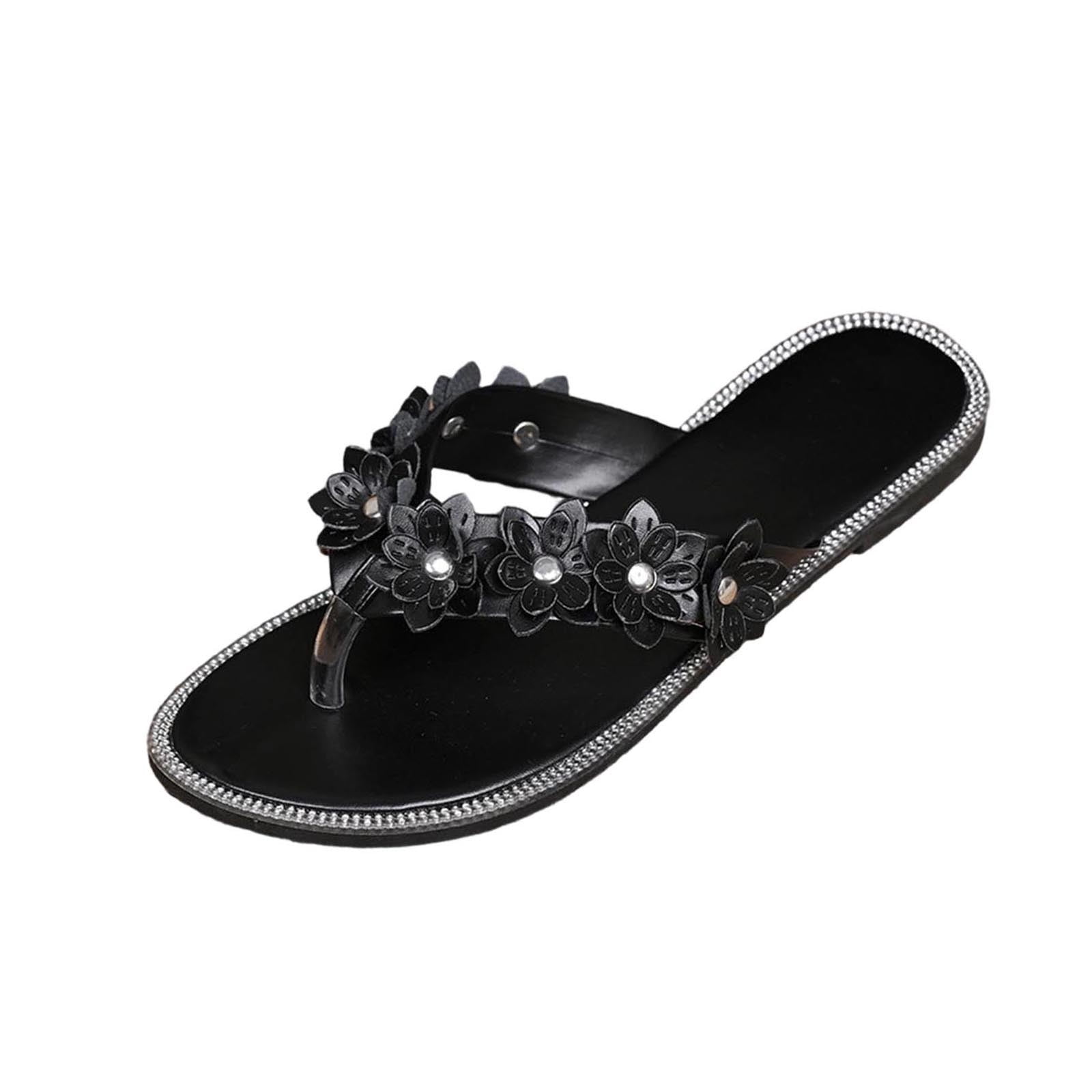 hzomhy Women's Flat Sandals Toe Straps Flower Pattern Beach Breathable ...