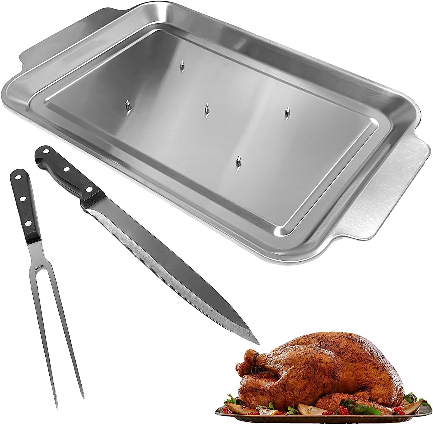 i Kito Spiked Turkey Roasting Pan Tray with Carving Knife and Fork Set ...