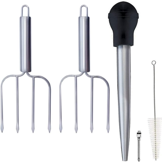 i Kito Stainless Steel Turkey Lifter Forks & Baster Syringe Set for ...