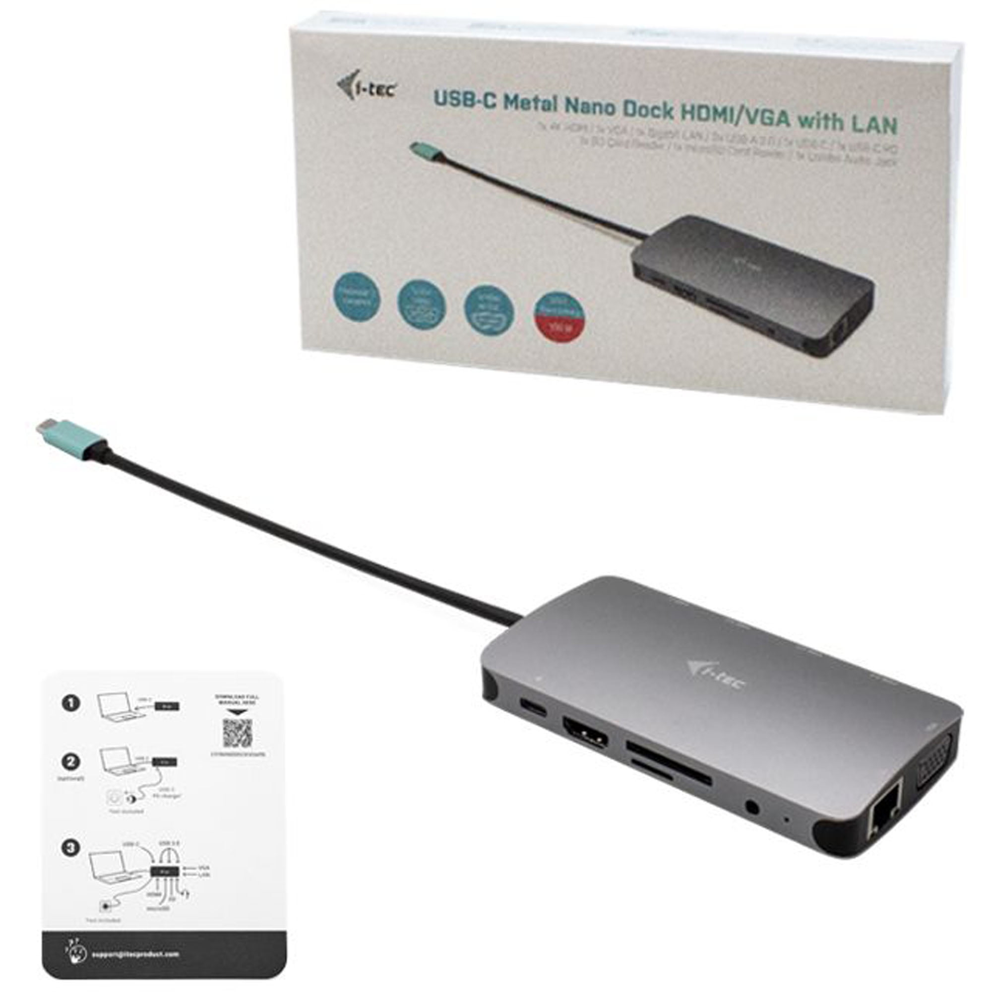 i-tec USB-C Metal Nano Dock HDMI/VGA with LAN supporting Power Delivery ...