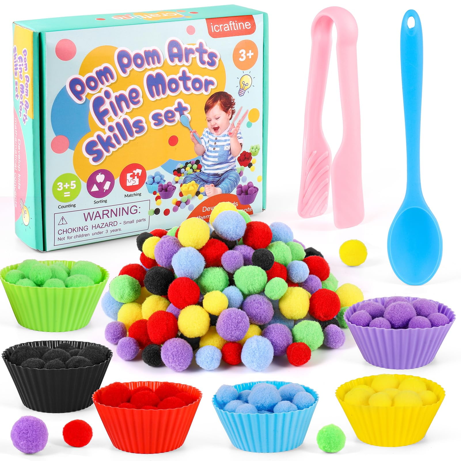 iCraftine 158 PCS Fine OIF8 Motor Skills Set - 150 Pom Poms, 6 Sorting ...