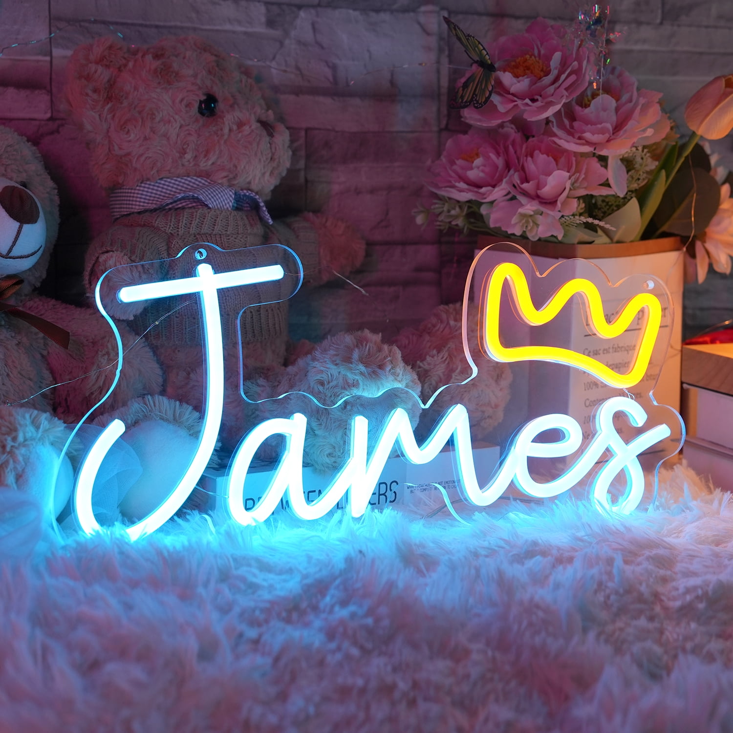 iDecoMart "John" Name Neon Sign, LED Blue Neon Light with Yellow Crown ...