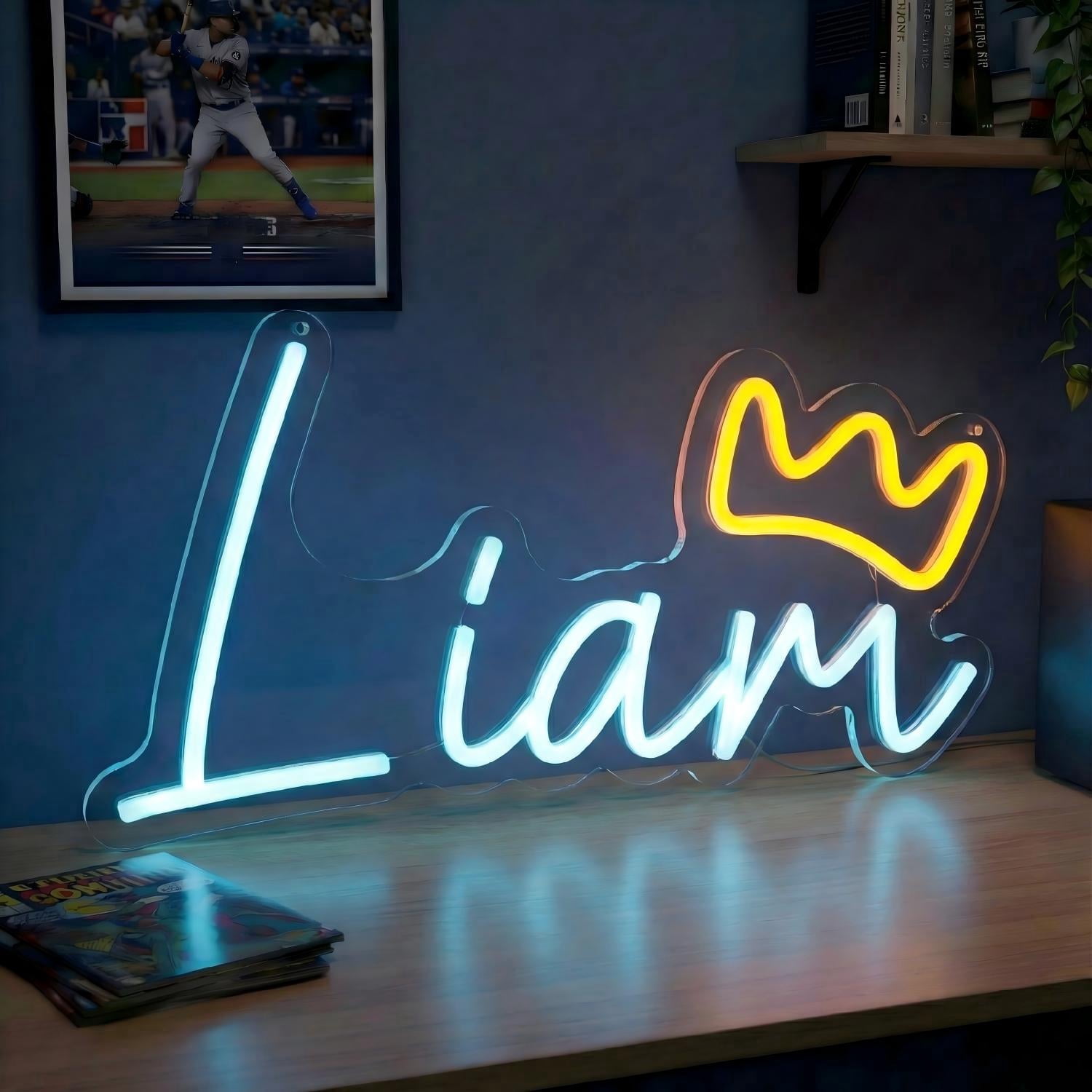 iDecoMart "Liam" Name Neon Sign, LED Blue Neon Light with Yellow Crown ...
