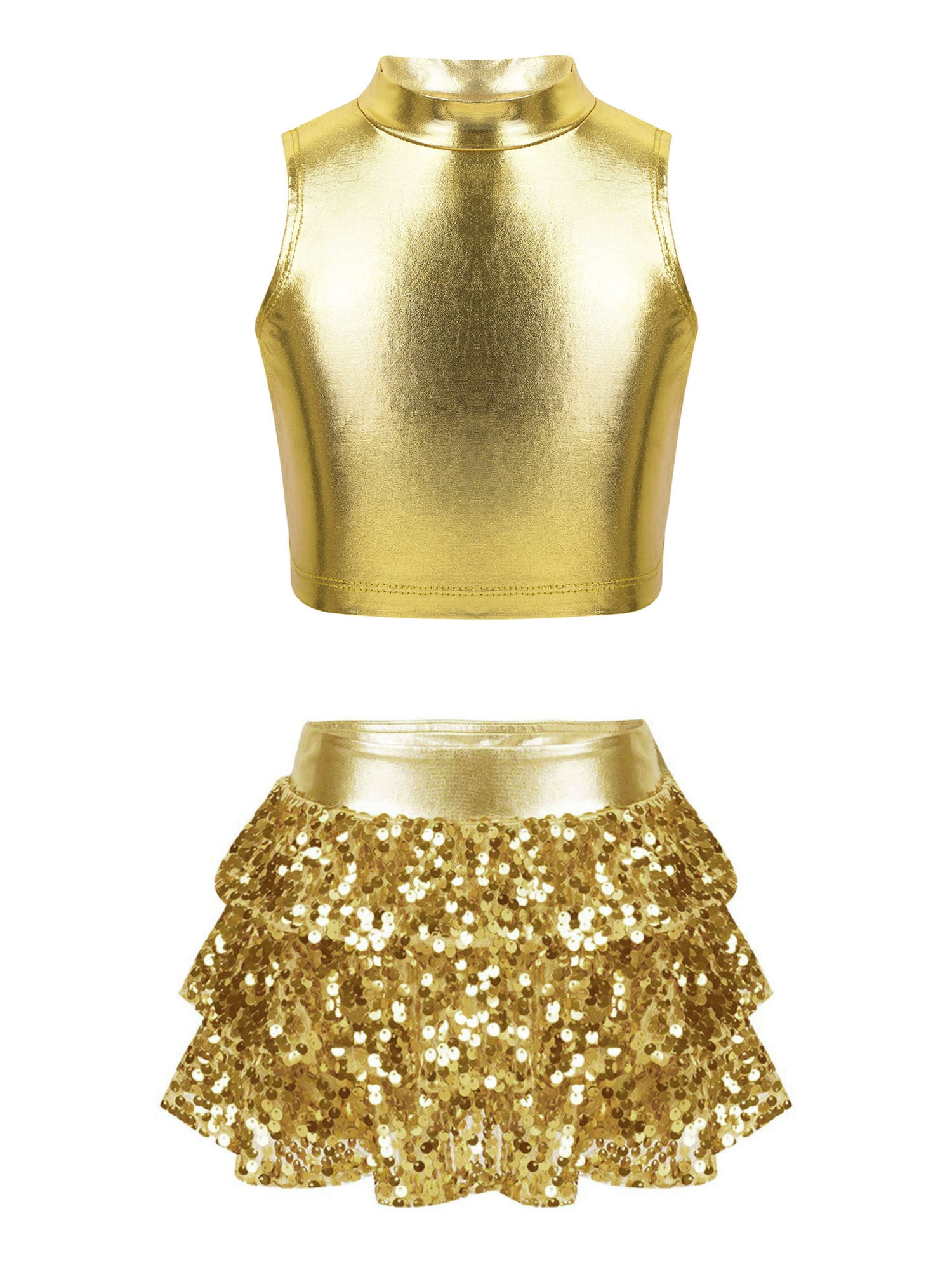 iEFiEL Big Girls 2Pcs Dance Outfit Metallic Crop Tank Top with Shiny ...