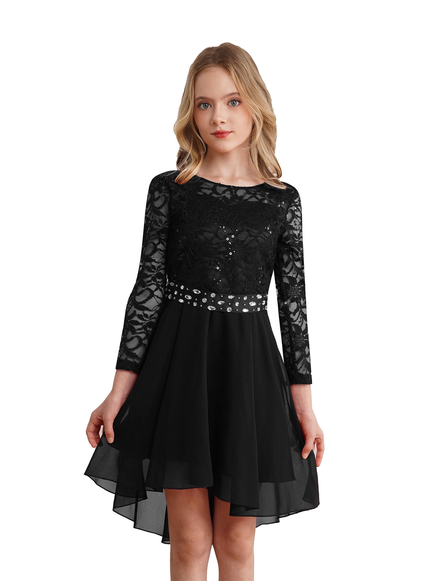 iEFiEL Flower Girls Lace Chiffon Dress Long Sleeve High-Low Hem Wedding ...