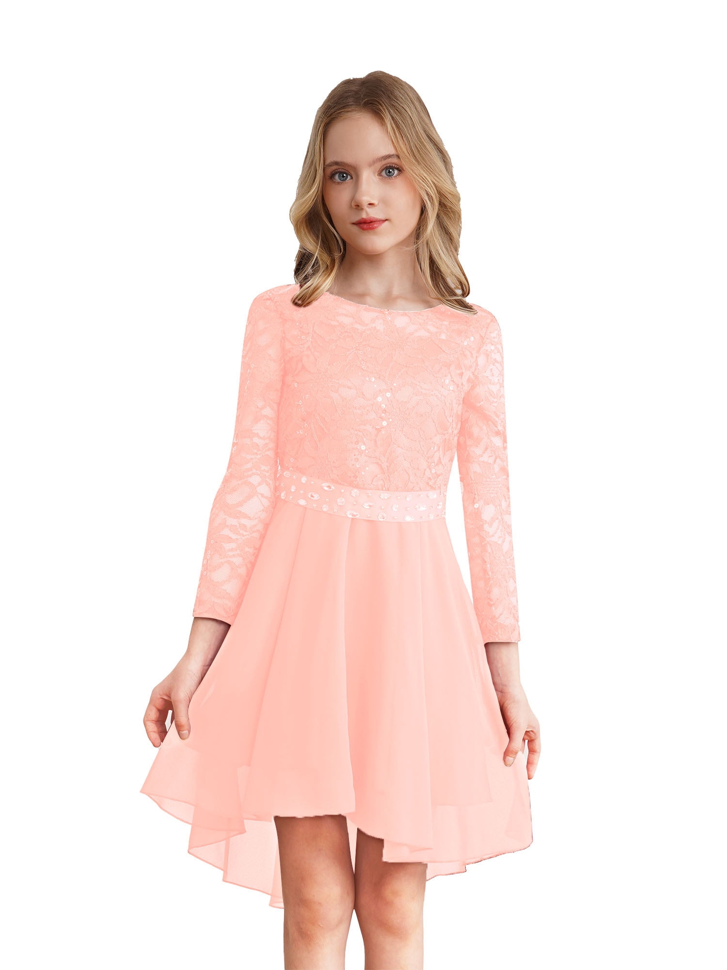 iEFiEL Flower Girls Lace Chiffon Dress Long Sleeve High-Low Hem Wedding ...