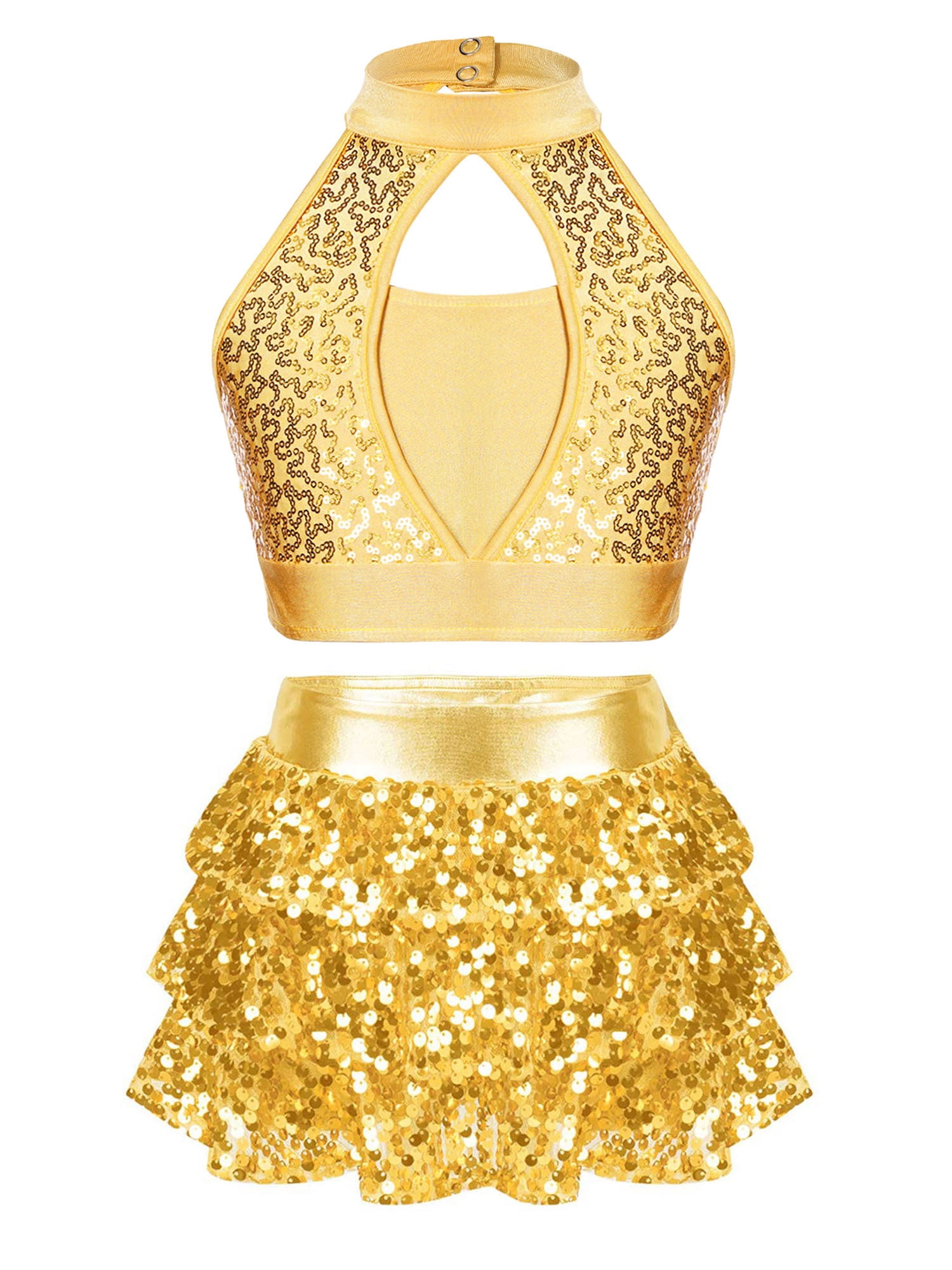 iEFiEL Girls 2Pcs Dance Outfit Sparkle Sequins Crop Top with Ruffles ...