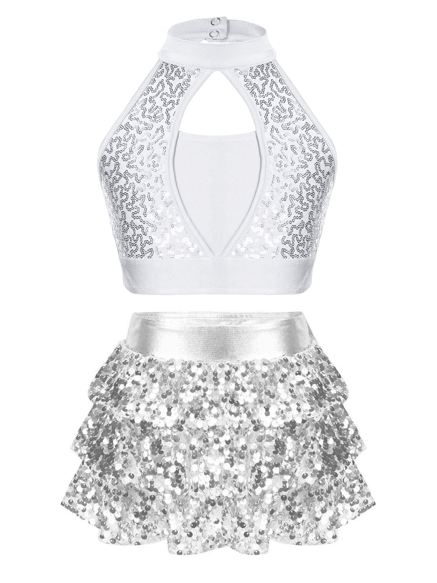 iEFiEL Girls 2Pcs Dance Outfit Sparkle Sequins Crop Top with Ruffles ...