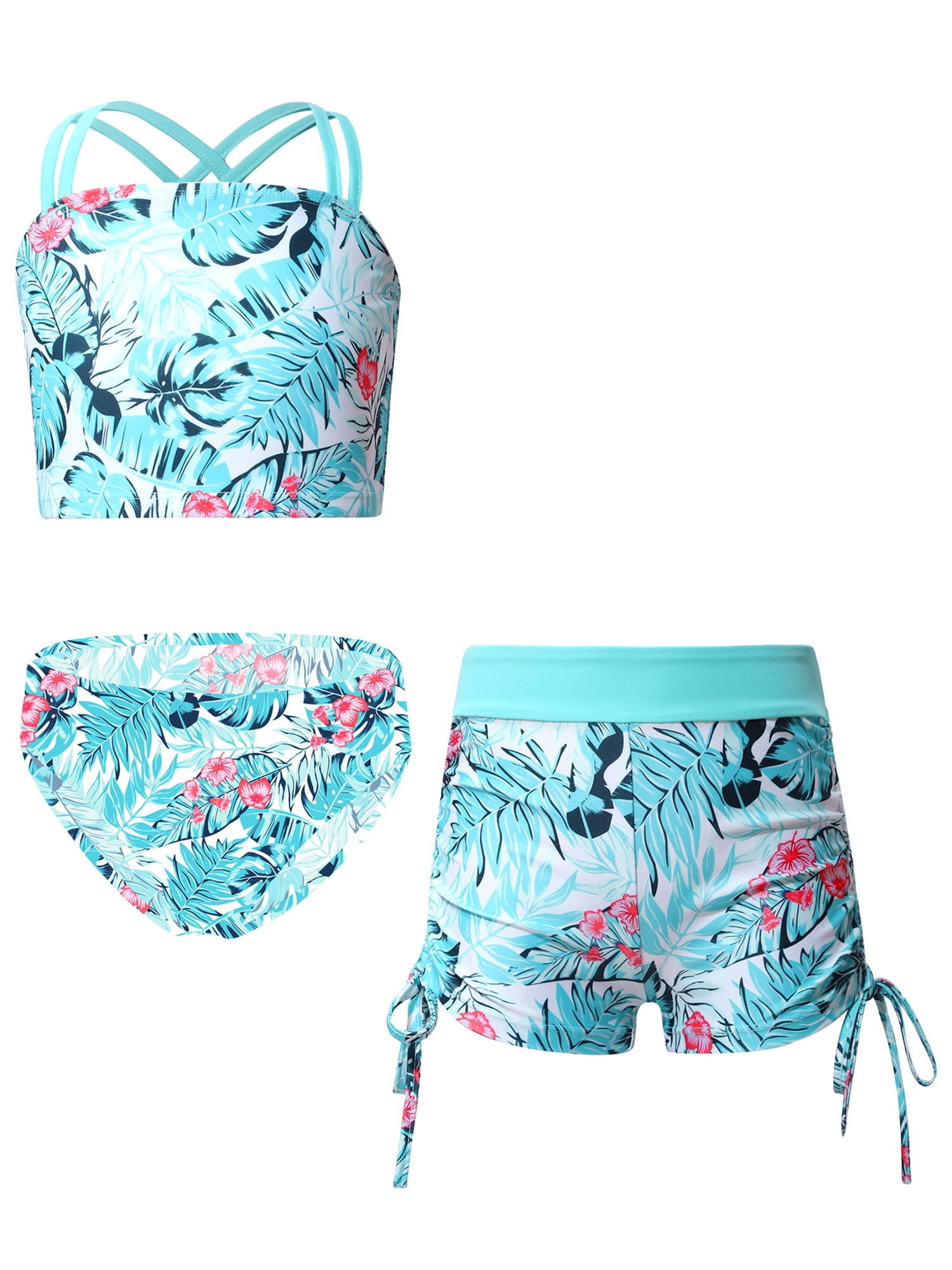 iEFiEL Girls 3Pcs Printed Swimsuit Double Shoulder Straps Tank Top with ...
