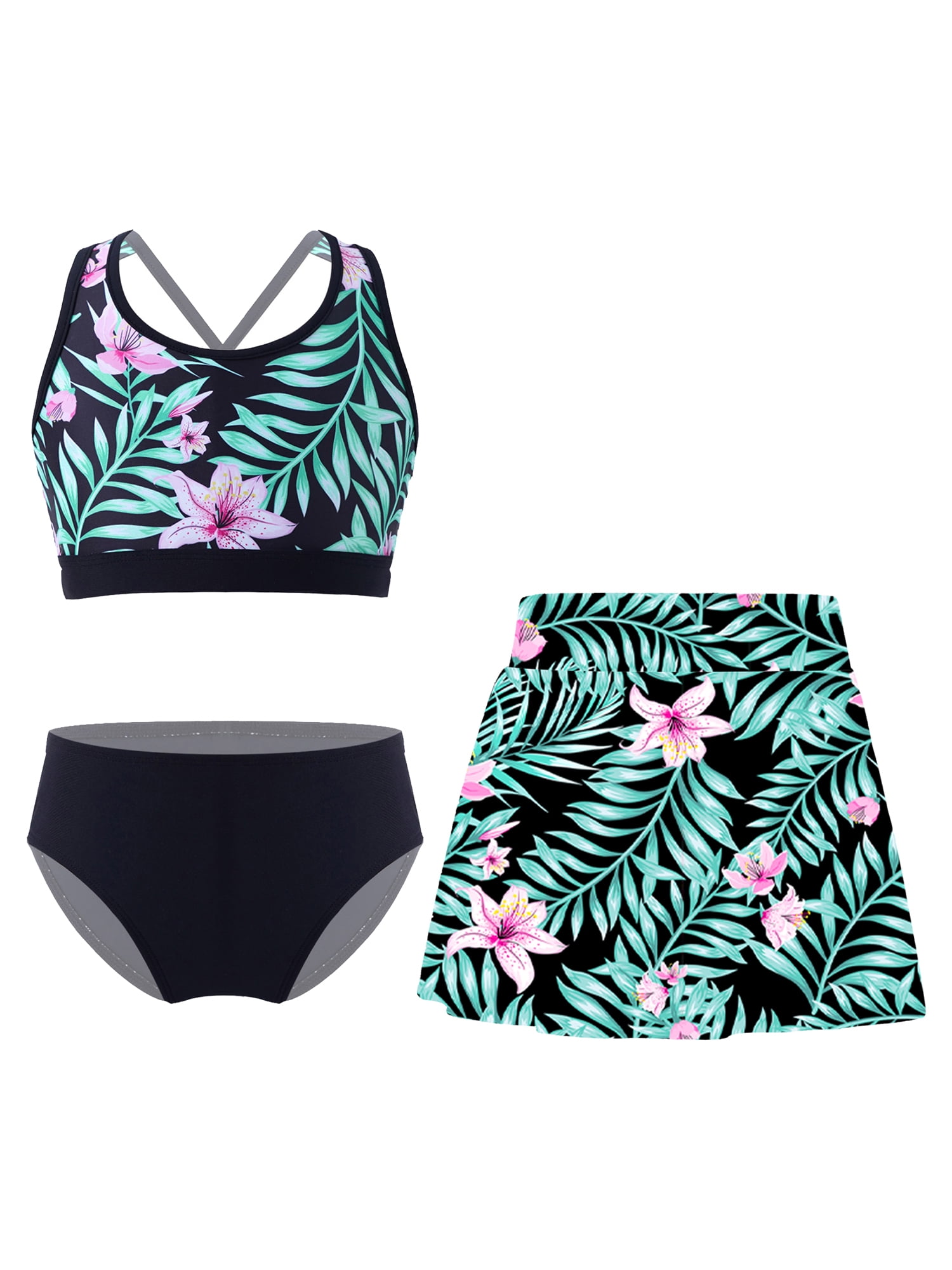 iEFiEL Girls 3Pcs Swimwear Strappy Back Crop Top Tankini Set with Skirt ...
