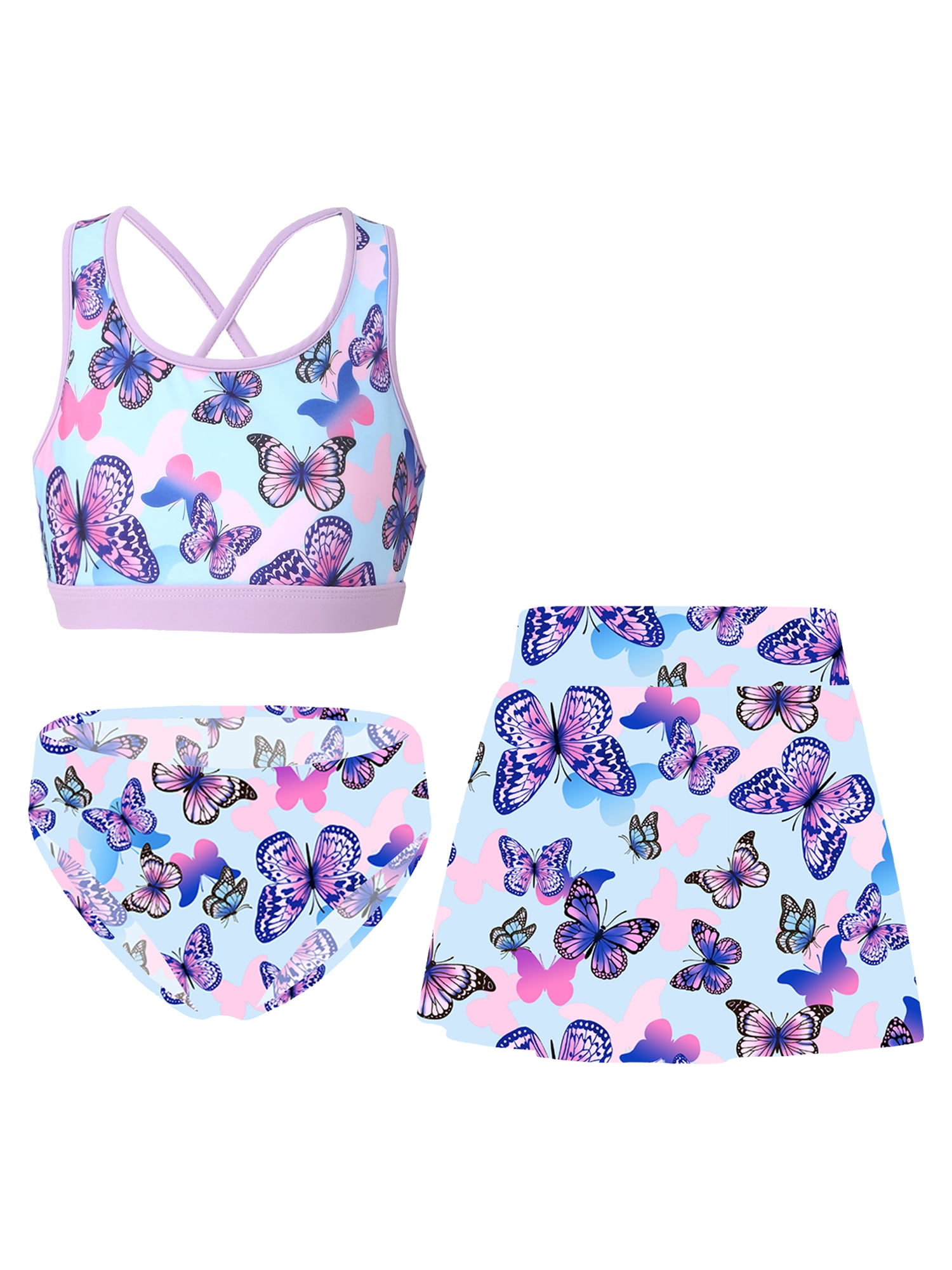iEFiEL Girls 3Pcs Swimwear Strappy Back Crop Top Tankini Set with Skirt ...