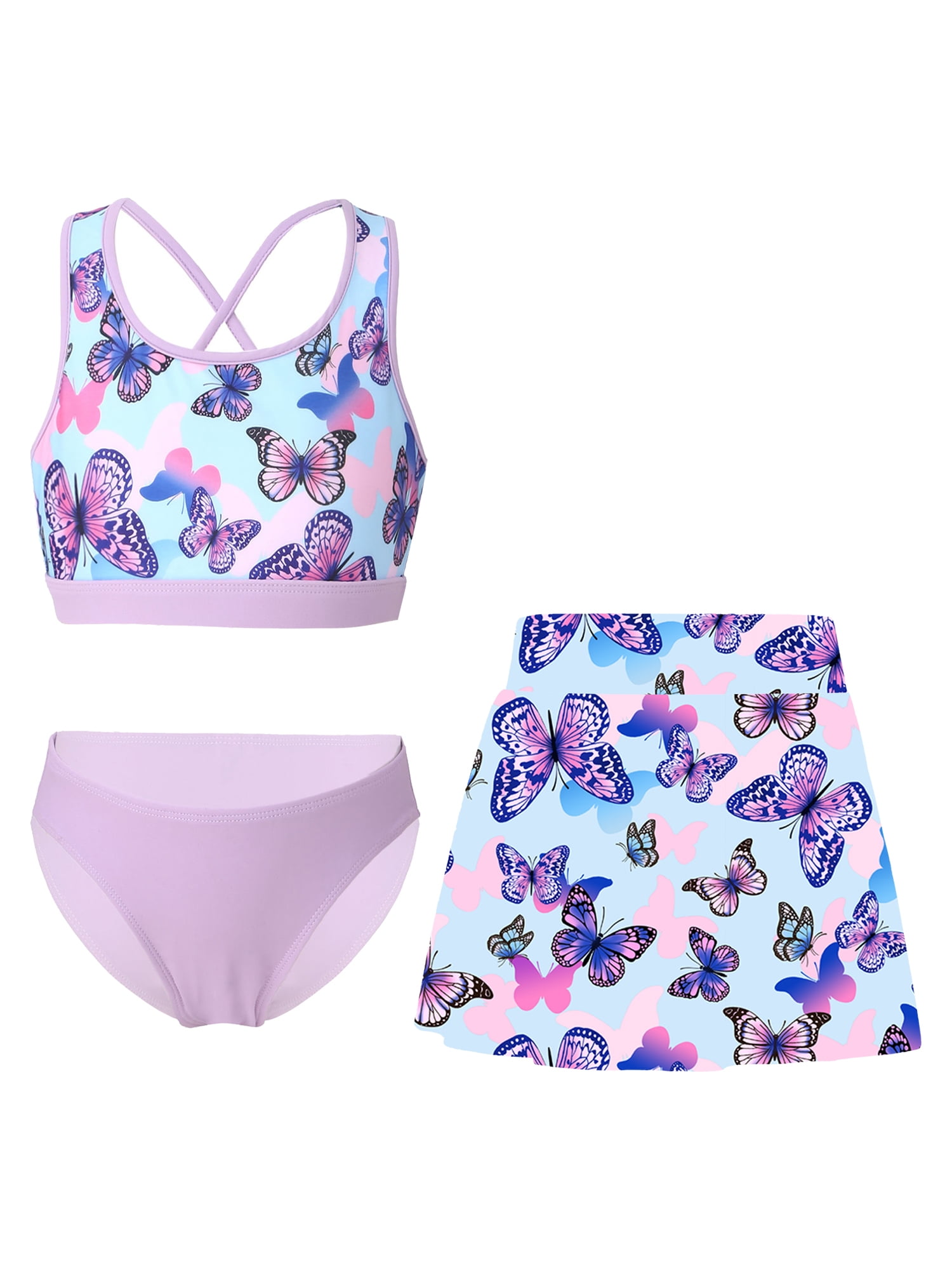 iEFiEL Girls 3Pcs Swimwear Strappy Back Crop Top Tankini Set with Skirt ...