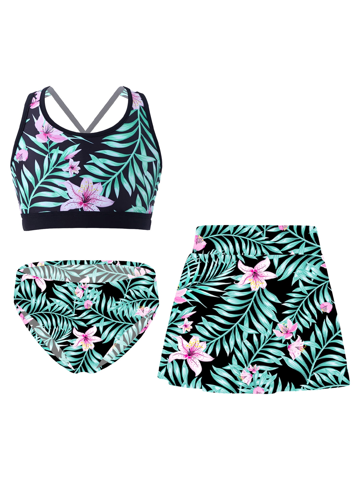 iEFiEL Girls 3Pcs Swimwear Strappy Back Crop Top Tankini Set with Skirt ...