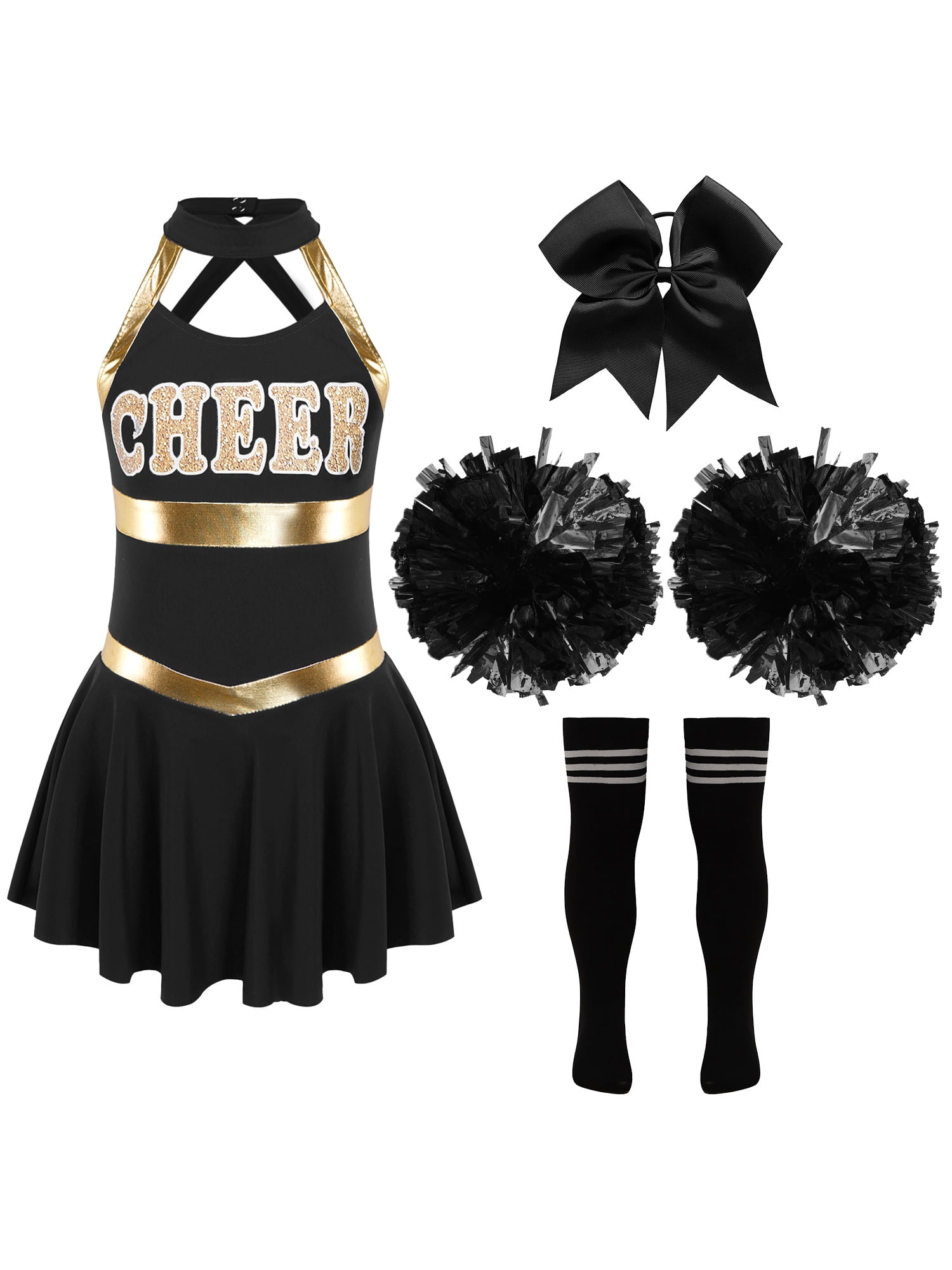 iEFiEL 4Pcs Kids Girls Cheerleading Uniform Dress with Pom Poms ...