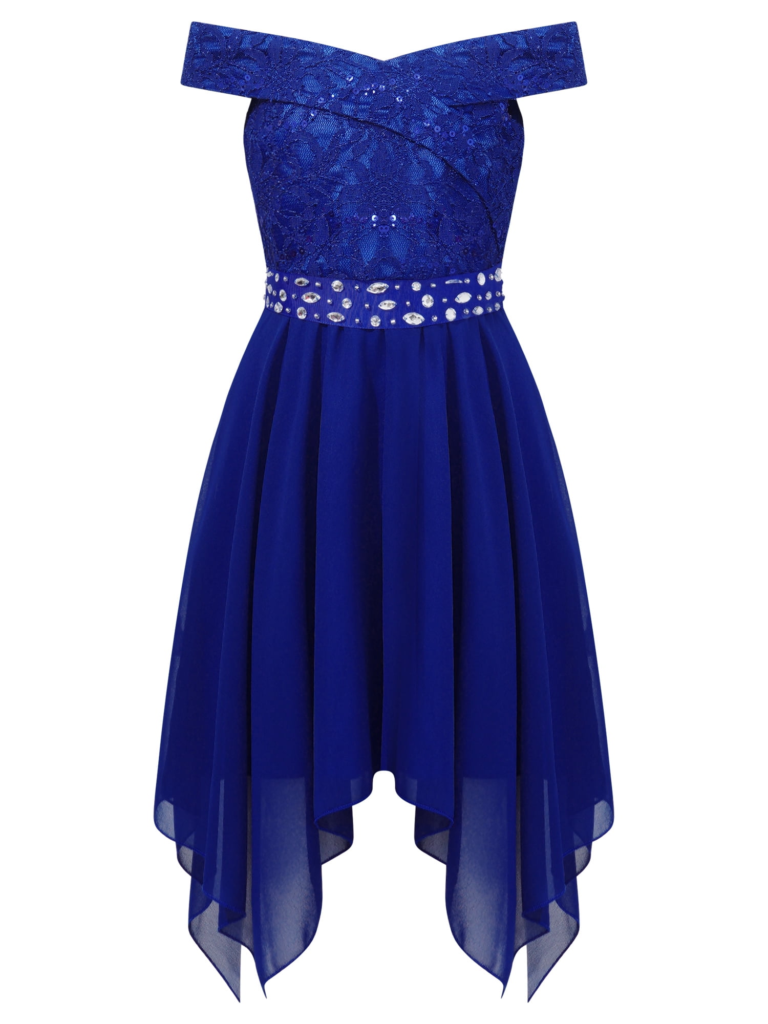 iEFiEL Girls Chiffon Off Shoulder Dress High-Low Rhinestone Bridesmaid ...