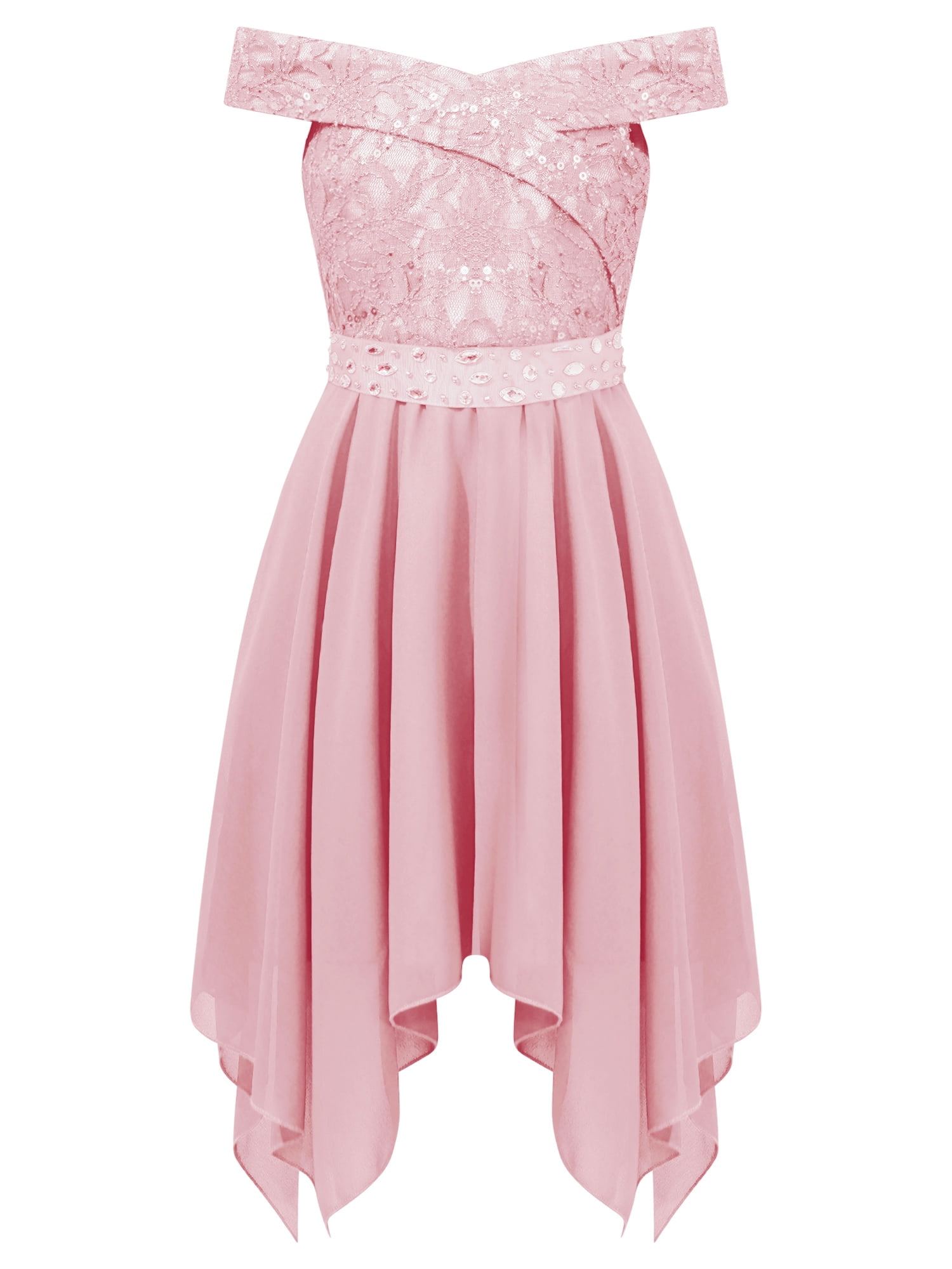 iEFiEL Girls Chiffon Off Shoulder Dress High-Low Rhinestone Bridesmaid ...