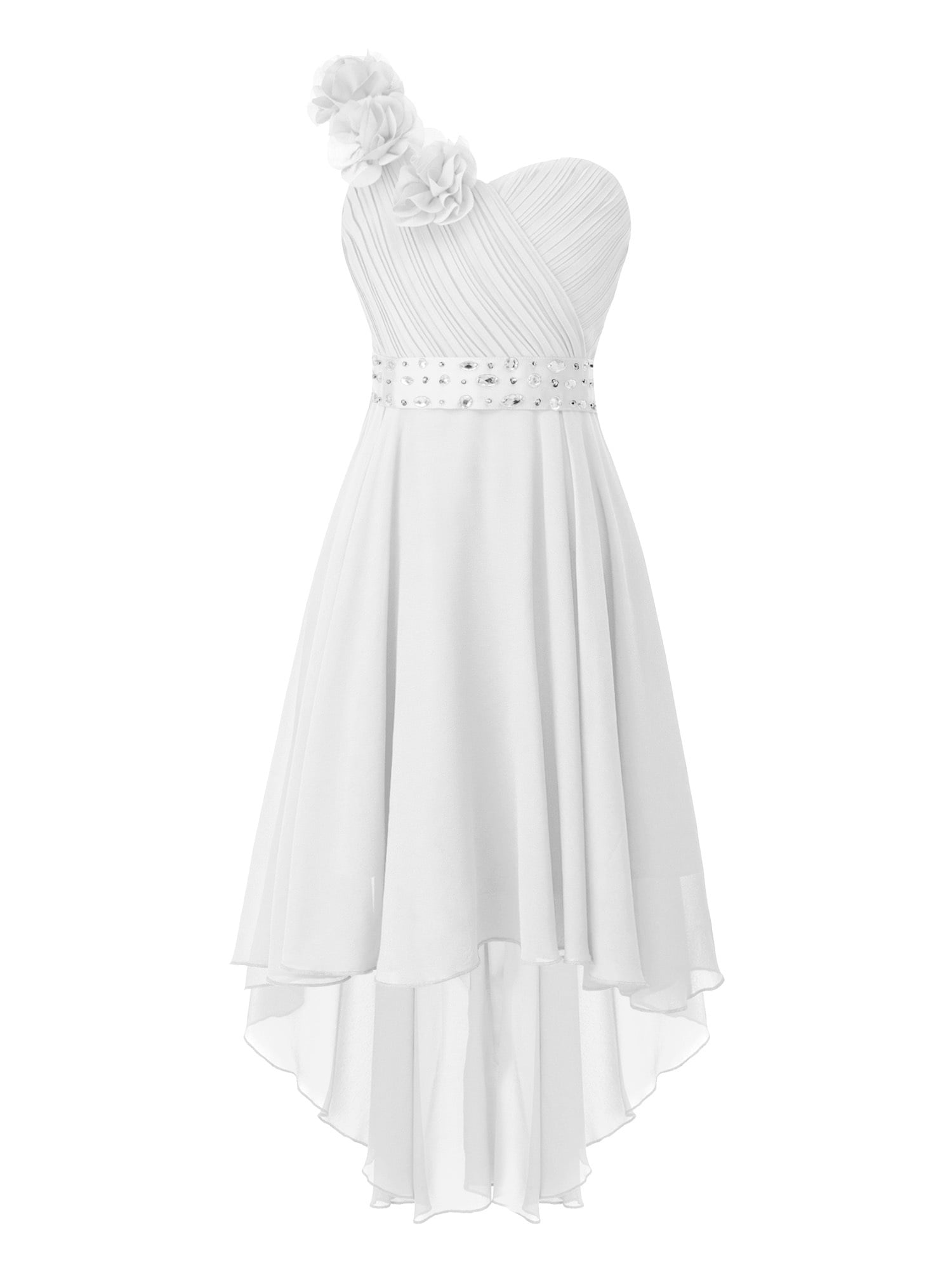 iEFiEL Girls Chiffon One Shoulder Flowers Wedding Bridesmaid High Low ...