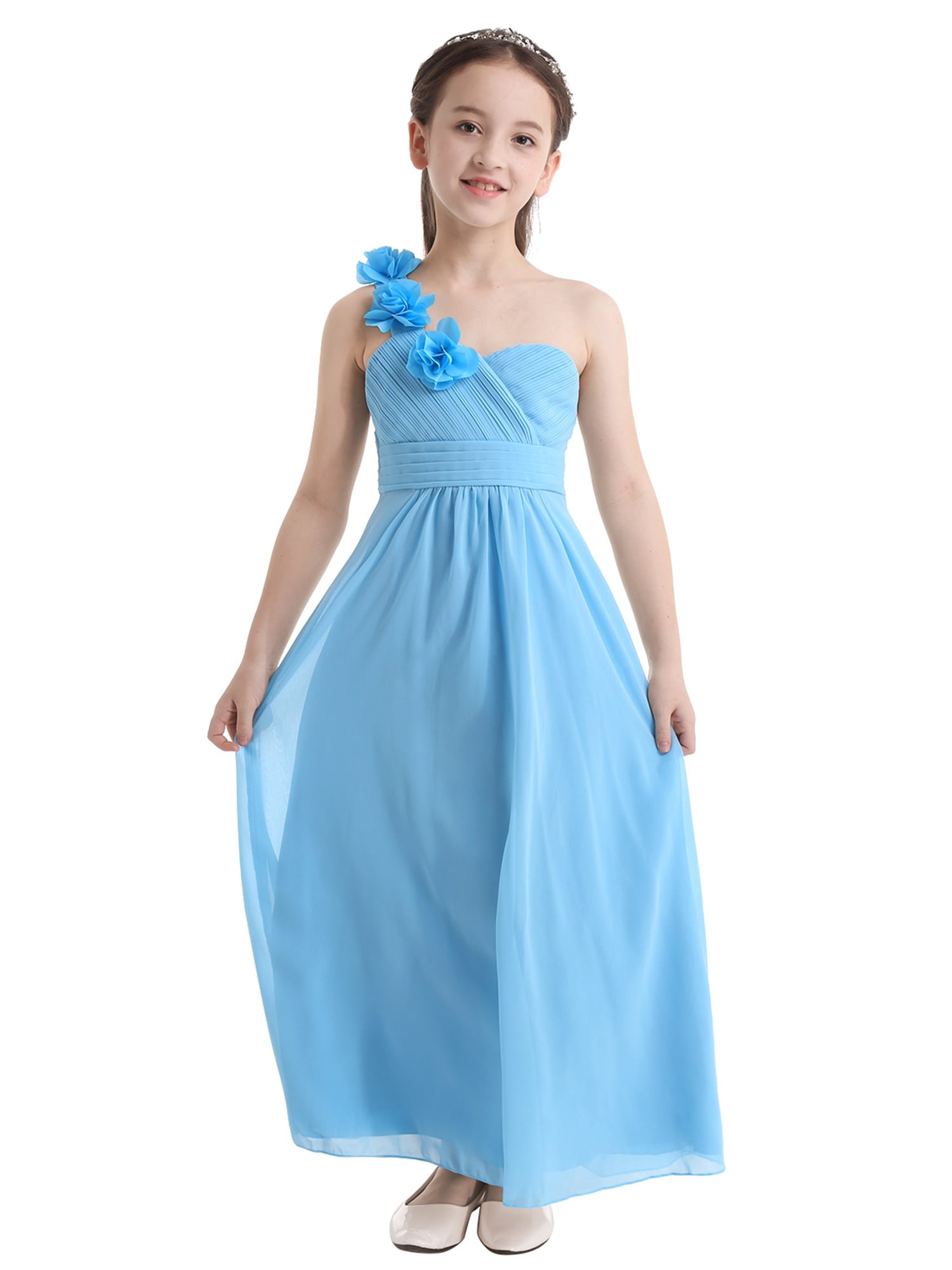 iEFiEL Girls Chiffon One-shoulder Flower Girl Dress High Waist Pleated ...