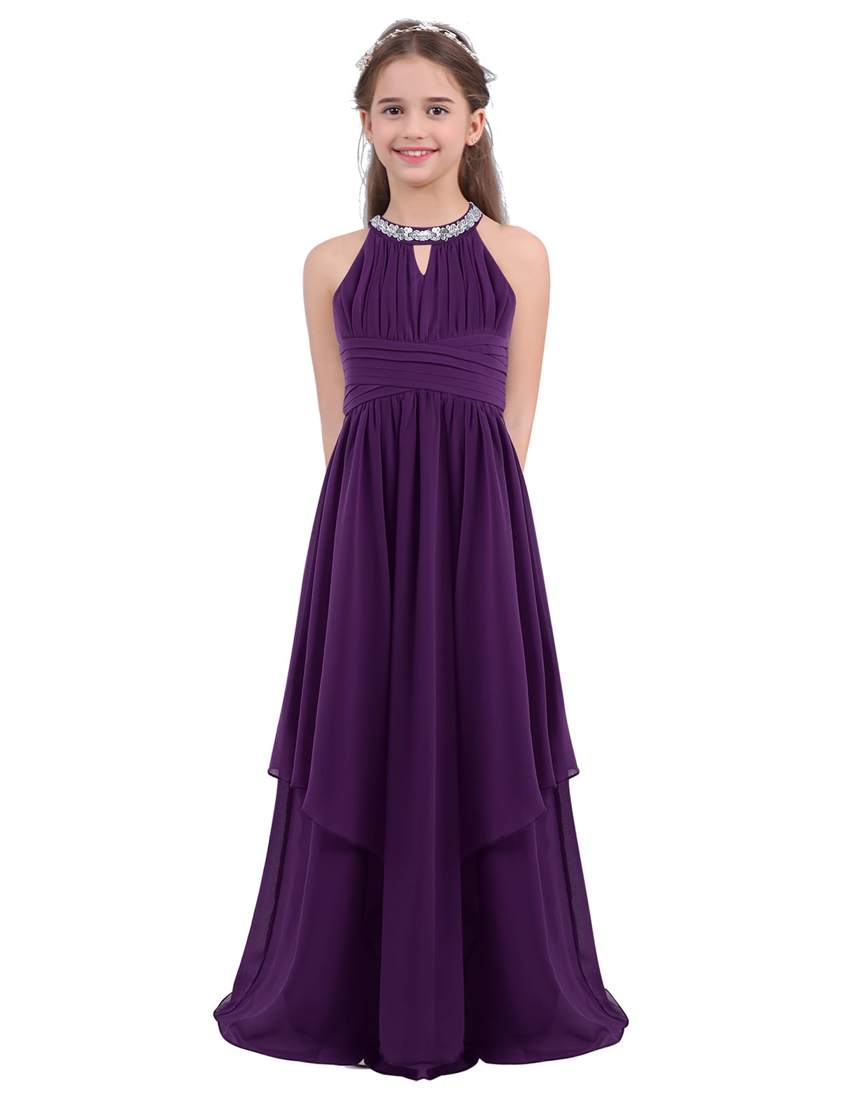 iEFiEL Girls Chiffon Sequined Flower Girl Dress Halter Princess Pageant ...