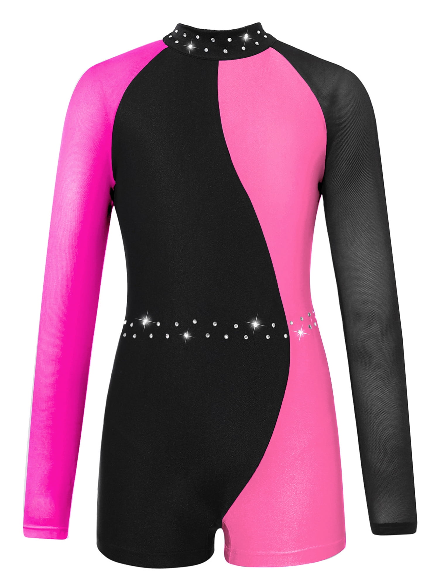 iEFiEL Girls Contrast Color Long Mesh Sleeve Gymnastic Leotard Ballet ...