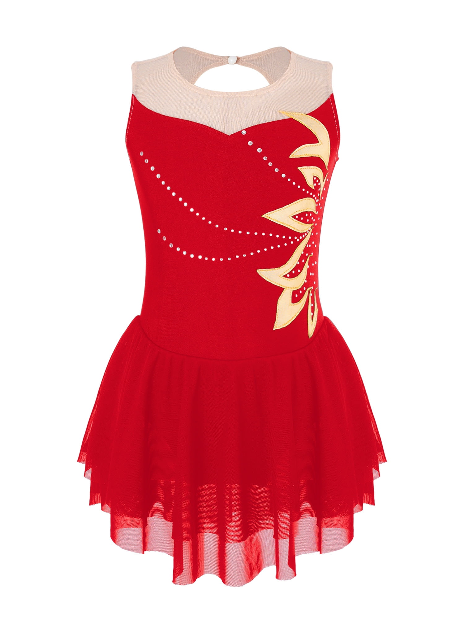 iEFiEL Girls Figure Ice Skating Dress Hollow Back Mesh Splice Leotard ...