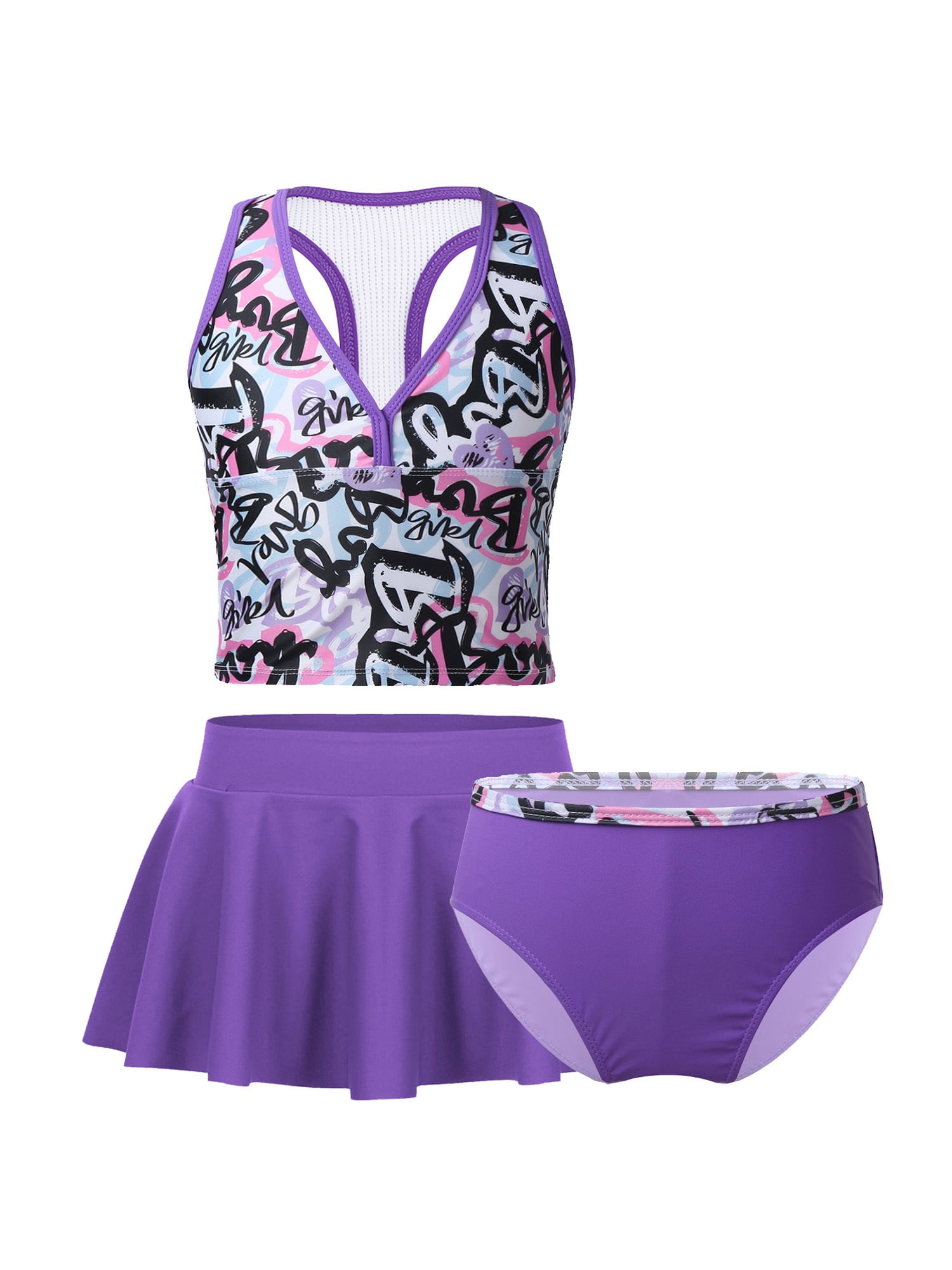 iEFiEL Girls 3pcs Floral Tankini Set, Racerback Swimwear with Skirt ...