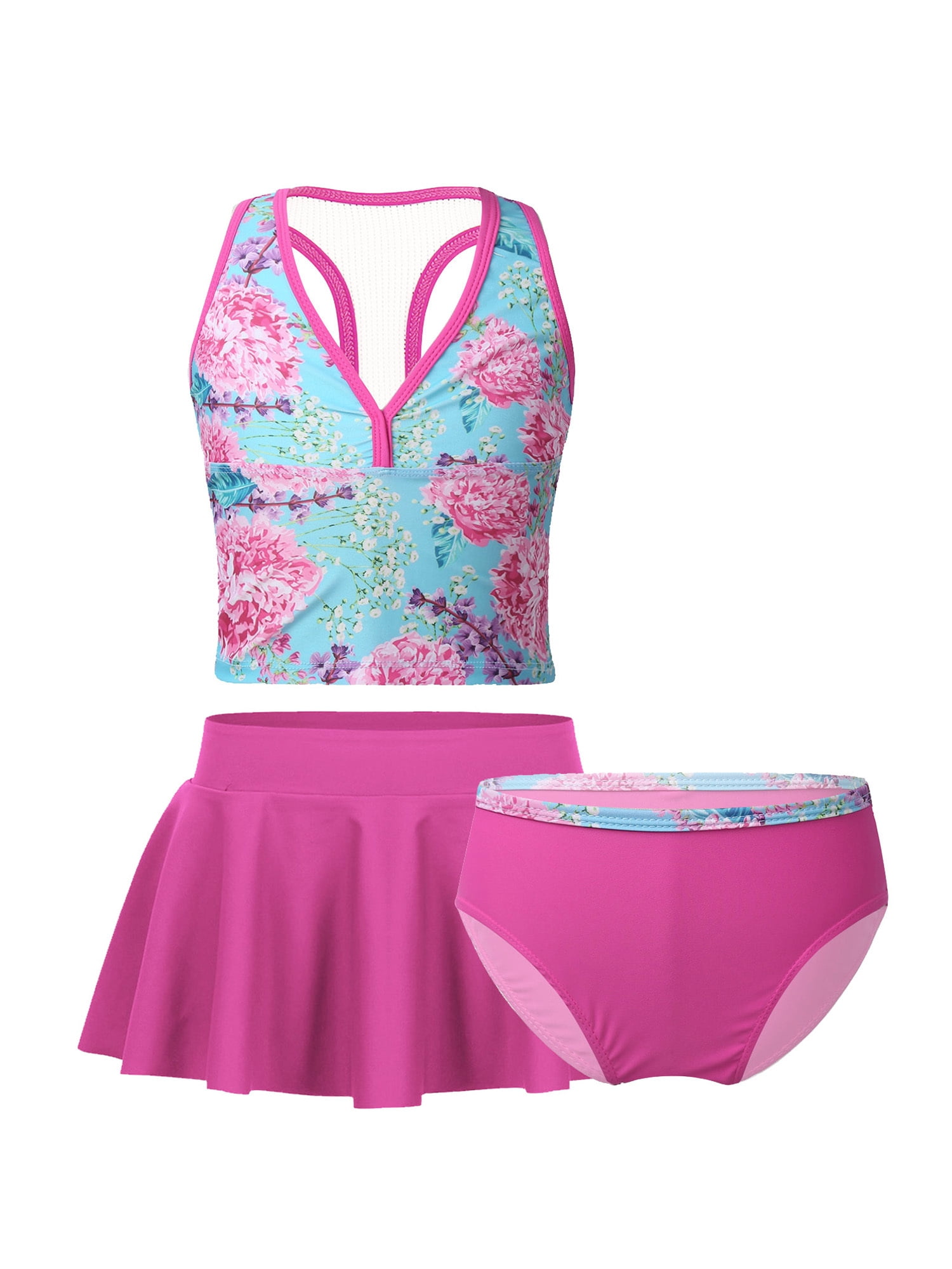 iEFiEL Girls Floral Tankini Set with Skirt 3pcs Set Swimsuit Bathing ...