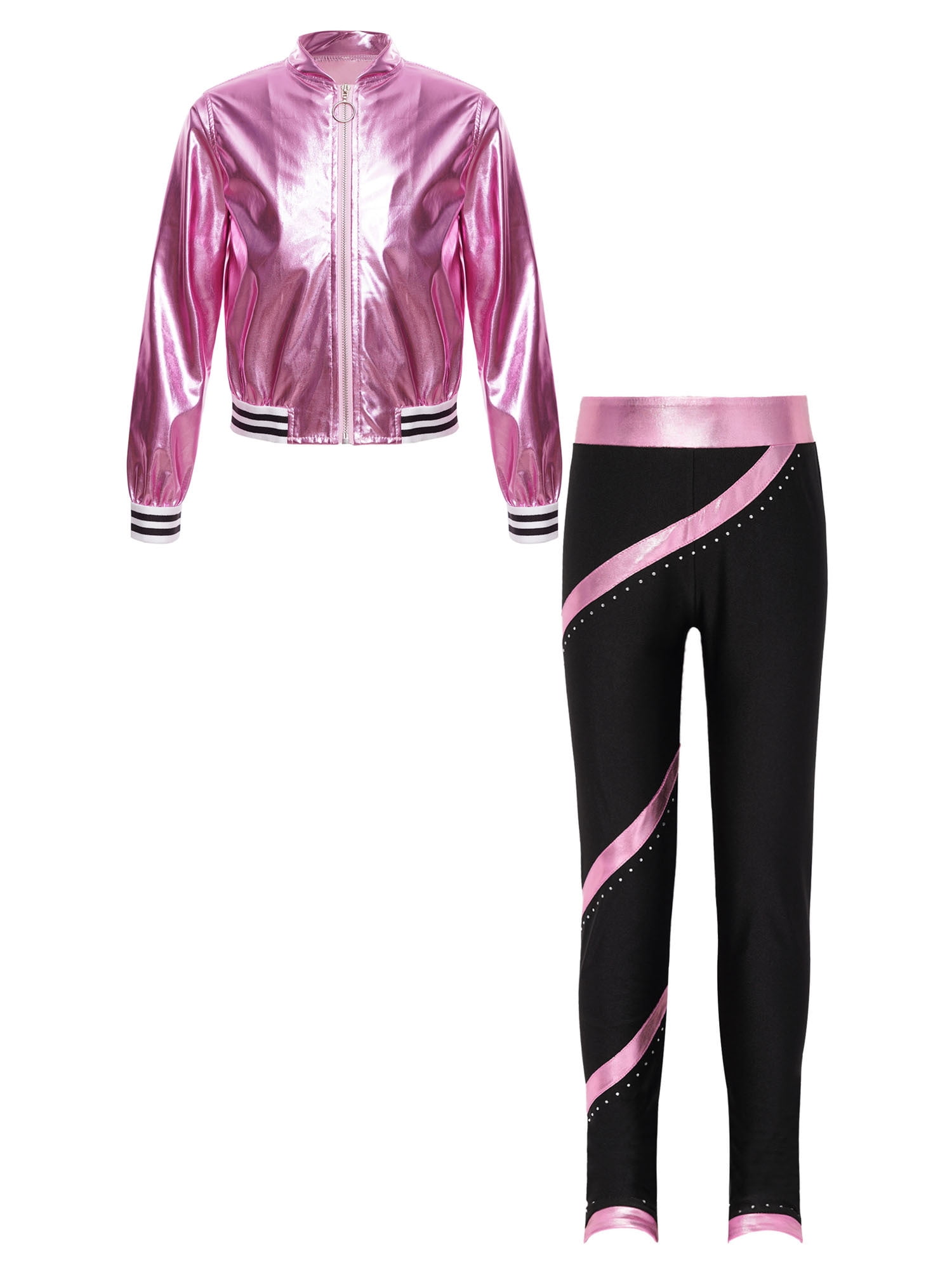 iEFiEL Girls Hip Hop Street Dance Outfit Metallic Long Sleeve Bomber ...