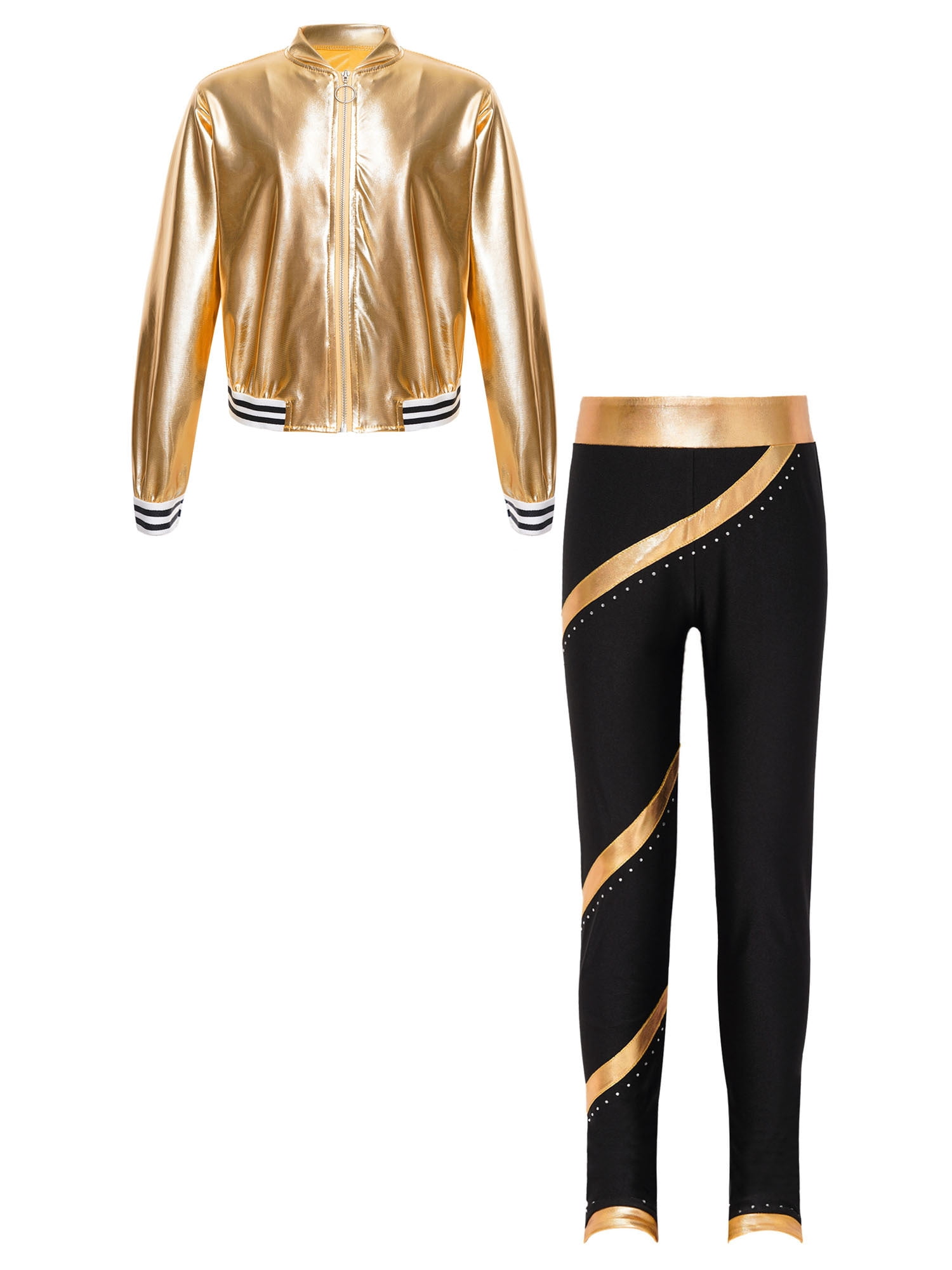 iEFiEL Girls Hip Hop Street Dance Outfit Metallic Long Sleeve Bomber ...