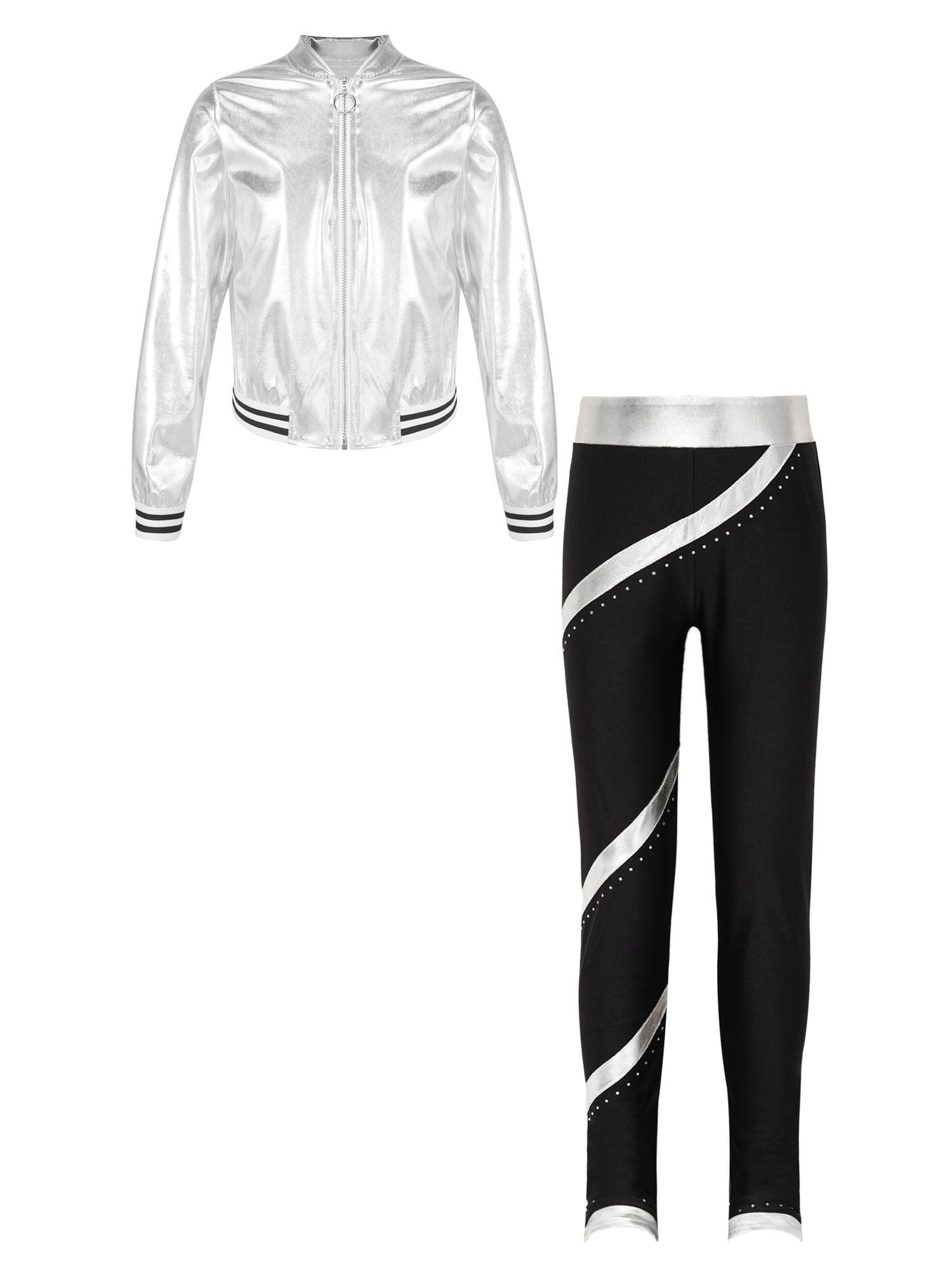 iEFiEL Girls Hip Hop Street Dance Outfit Metallic Long Sleeve Bomber ...