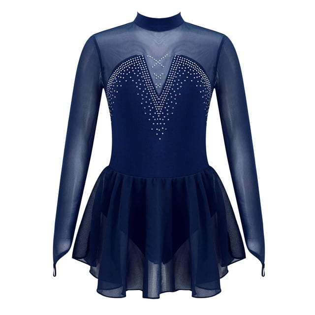 iEFiEL Girls Ice Skating Dress Shiny Rhinestone Ballet Dance Leotard Costume Navy Blue 6 ...