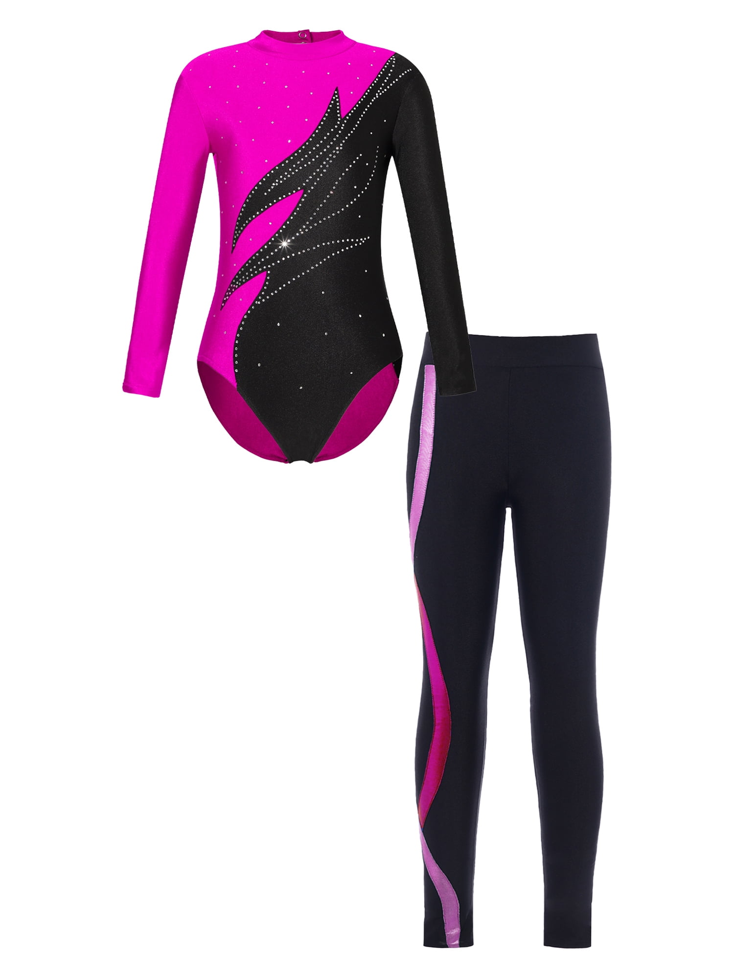 iEFiEL Girls Long Sleeve Shiny Rhinestones Leotard with Side Stripes ...
