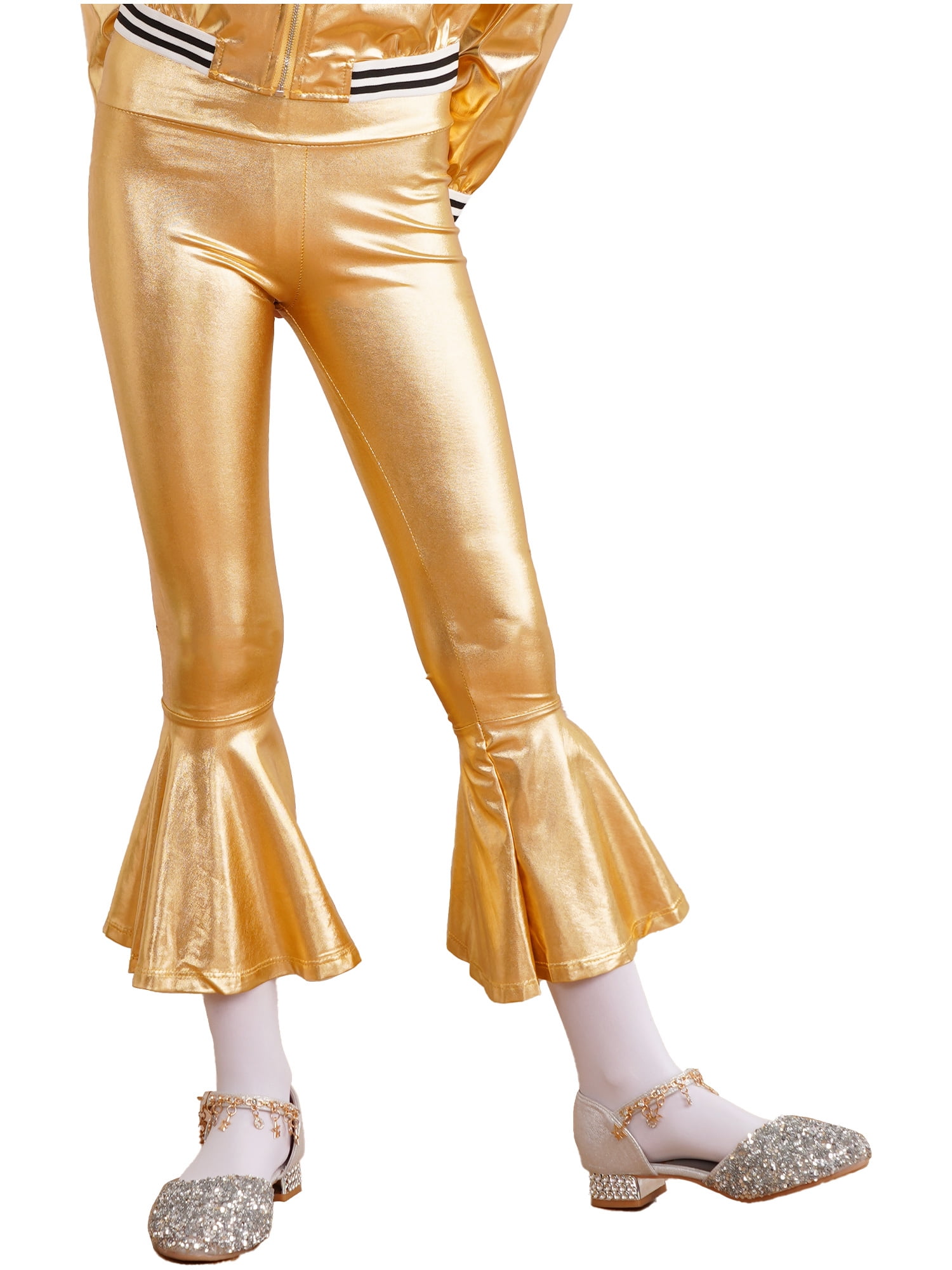iEFiEL Girls Metallic Flare Dance Pants High Waist Bell Bottom Jazz ...