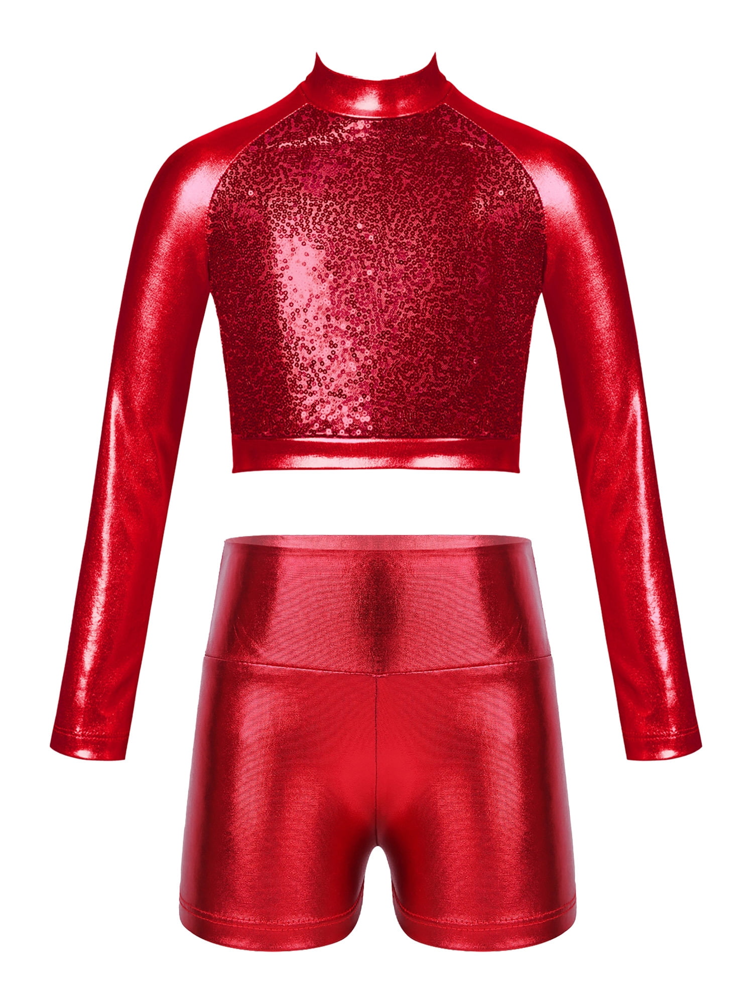 iEFiEL Girls Metallic Sports Suit Long Sleeve Crop Top with Athletic ...
