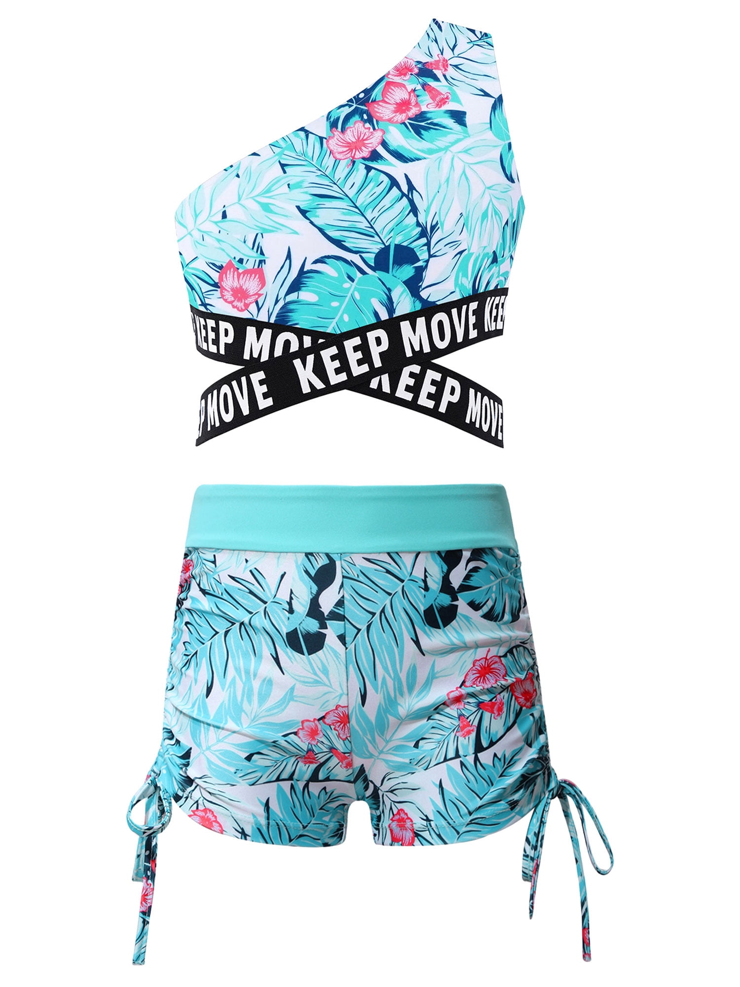 iEFiEL Girls Printed 2Pcs Swimsuit Single Shoulder Criss Cross ...