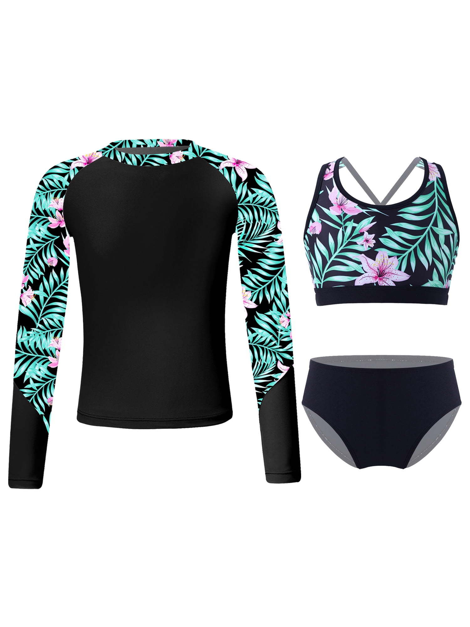iEFiEL Girls Printed Swimsuit Long Sleeve Swim Tops with Strappy Back ...
