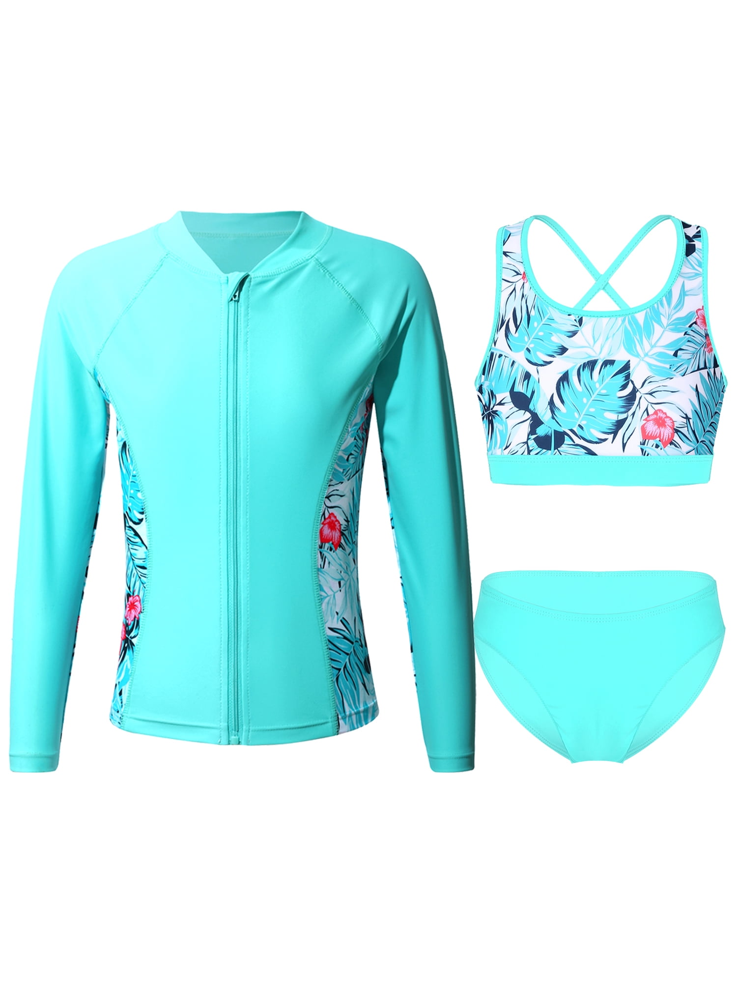 iEFiEL Girls Printed Swimsuit Long Sleeve Swim Tops with Strappy Back ...