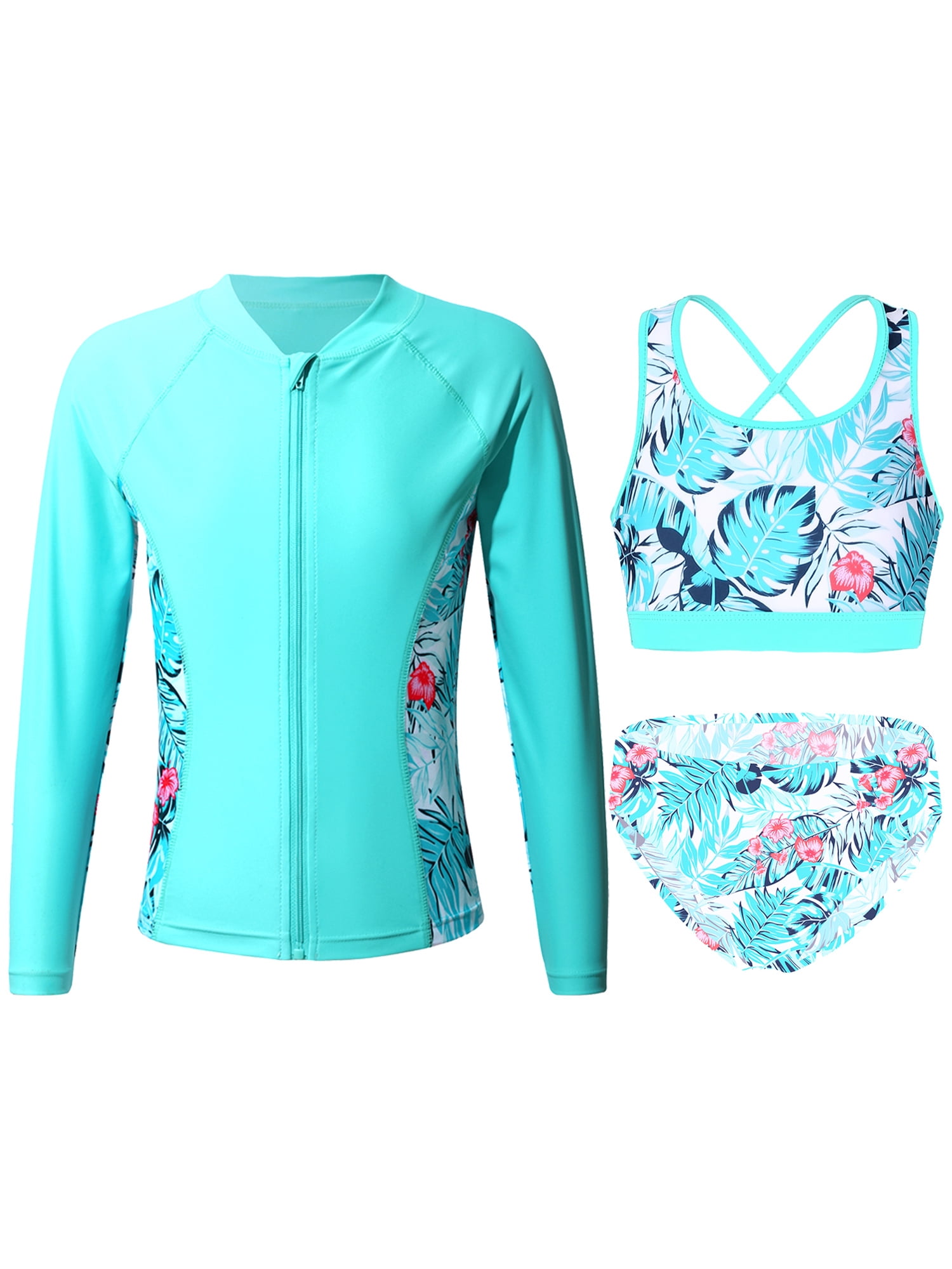 iEFiEL Girls Printed Swimsuit Long Sleeve Swim Tops with Strappy Back ...
