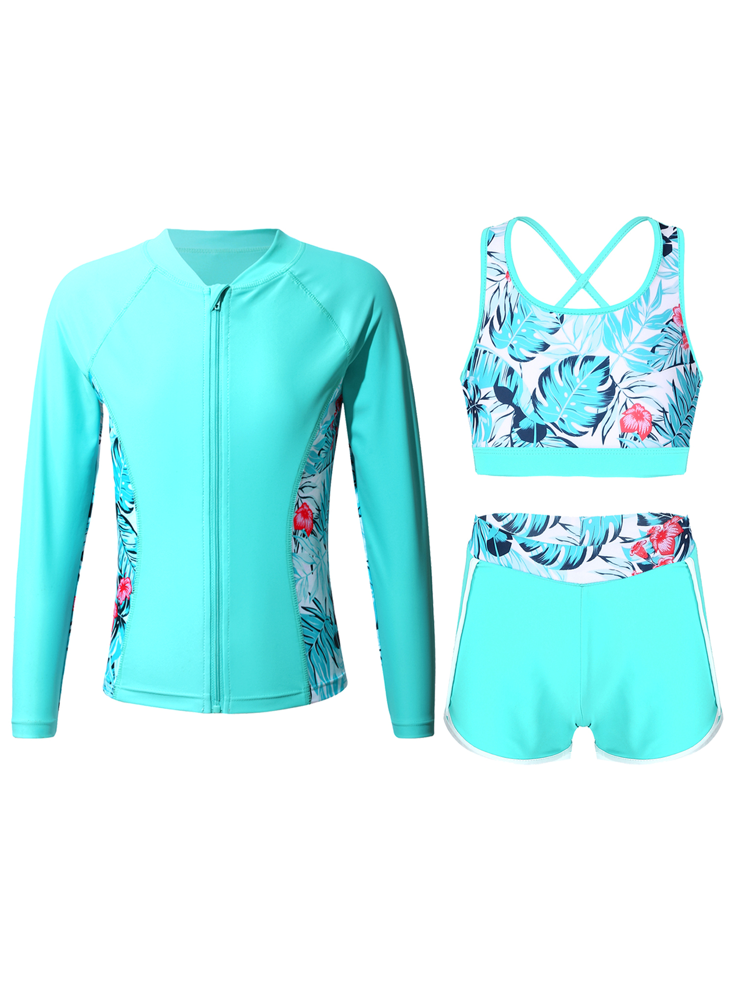 iEFiEL Girls Printed Swimwear Set Long Sleeve Swim Tops with Strappy ...