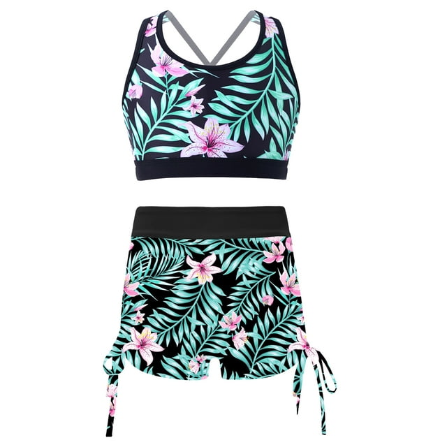 iEFiEL Girls Printed Swimwear Tankini Set Strappy Back Crop Top with ...