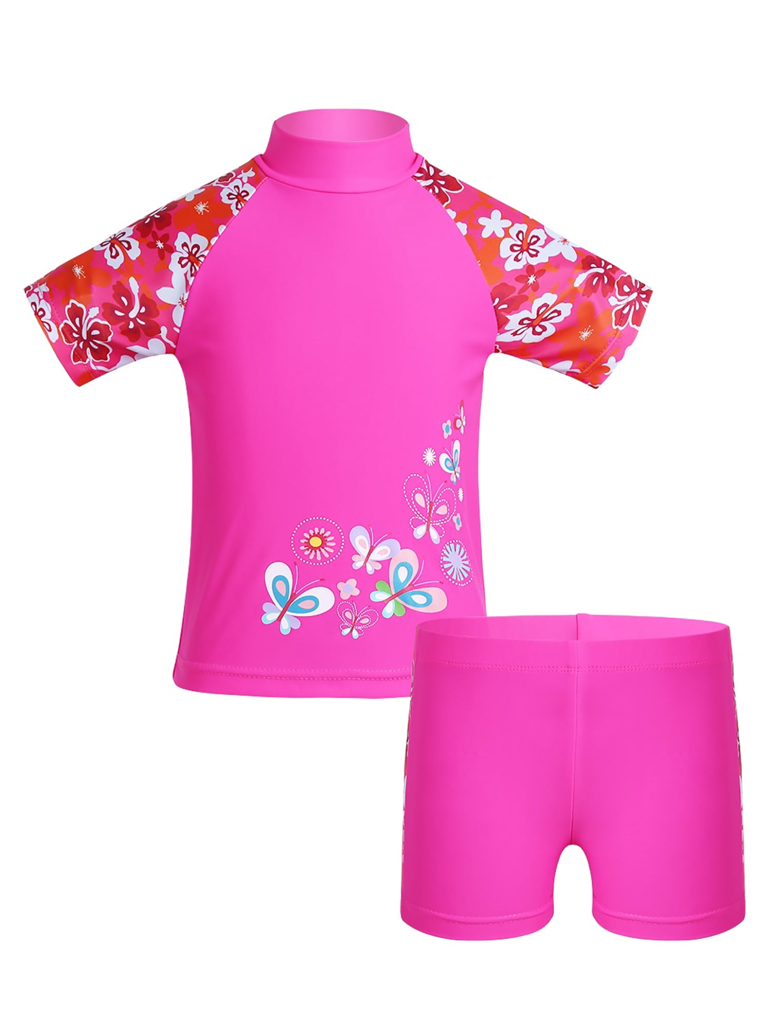 iEFiEL Girls Short Sleeves Rash Guard and Shorts 2pc Set Swimsuit Rose ...