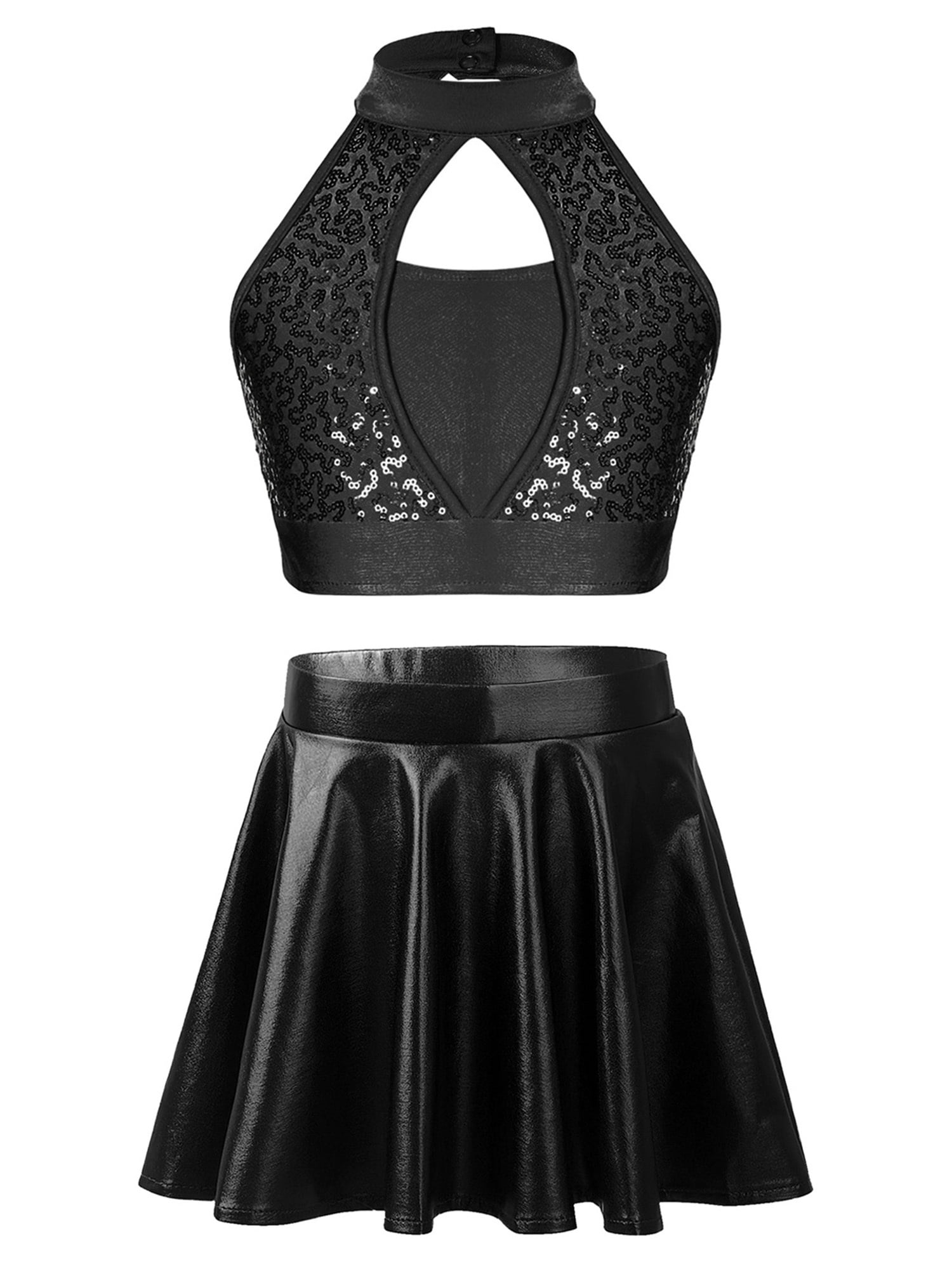 iEFiEL Girls Sleeveless Crop Top with Metallic Ruffled Skirt Cheer ...