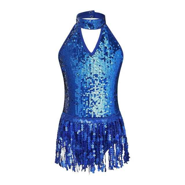 iEFiEL Girls Sleeveless Sparkly Sequins Tassel Fringe Dress Latin Jazz ...
