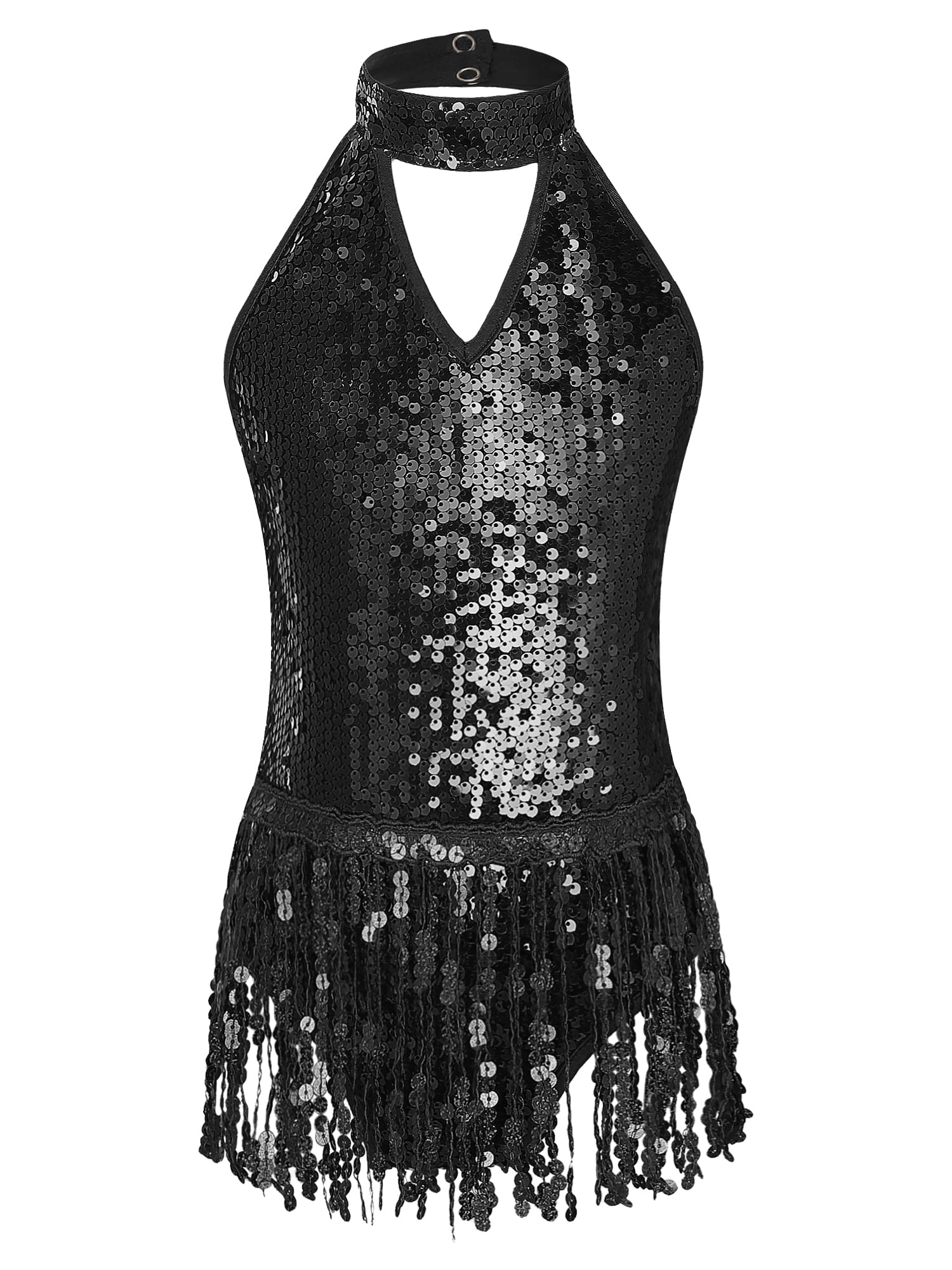iEFiEL Girls Sleeveless Sparkly Sequins Tassel Fringe Dress Latin Jazz ...