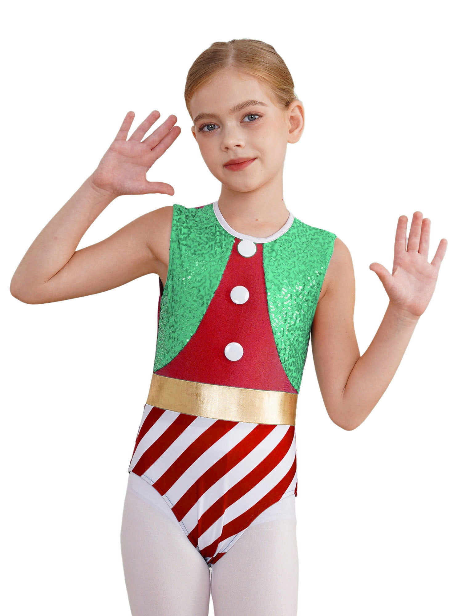iEFiEL Girls Sleeveless Stripes Sequins Bodysuit Kids Christmas Santa ...
